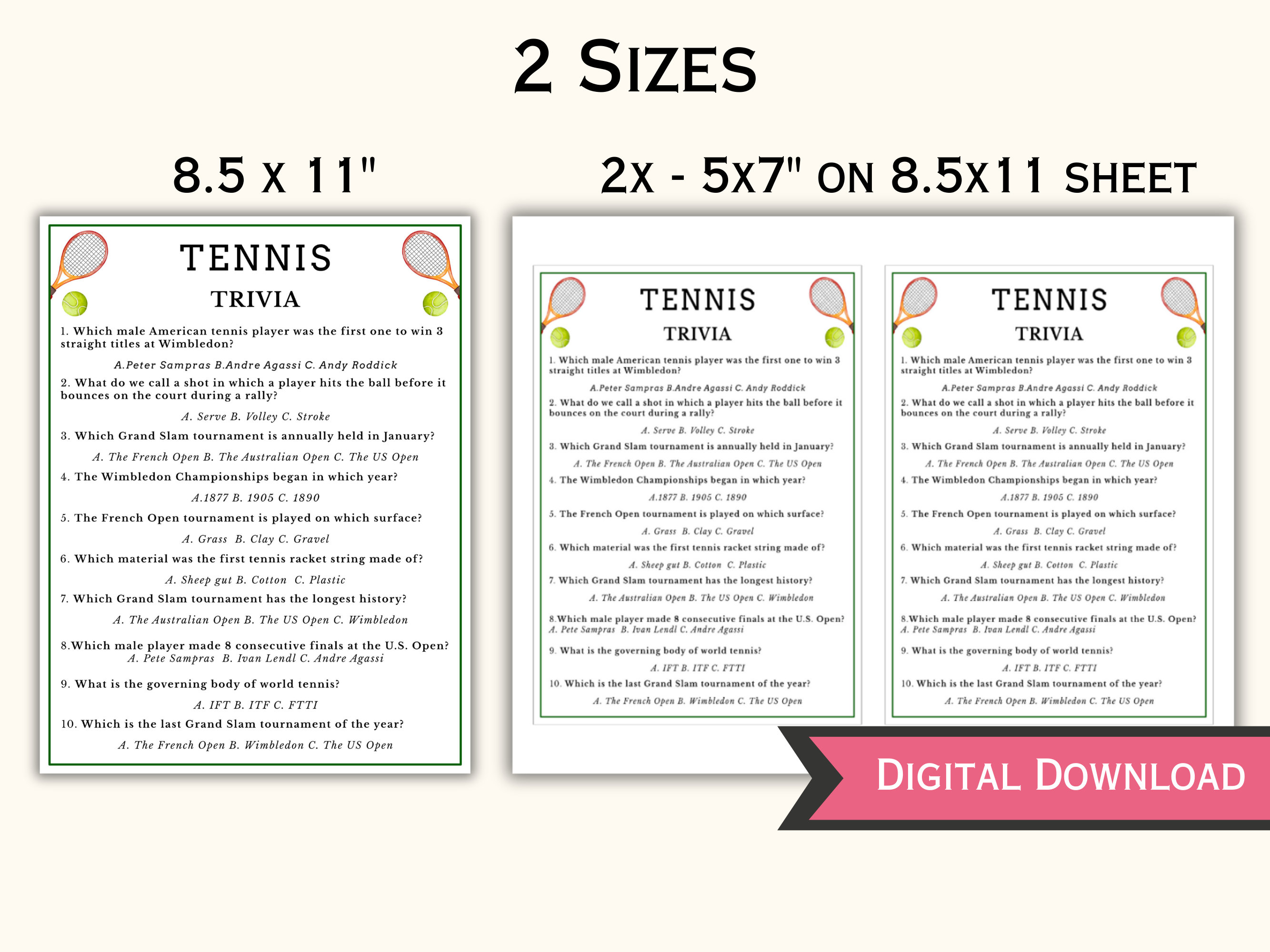 Tennis Trivia Game - Tennis-themed Party - Printable Tennis Party Game ...