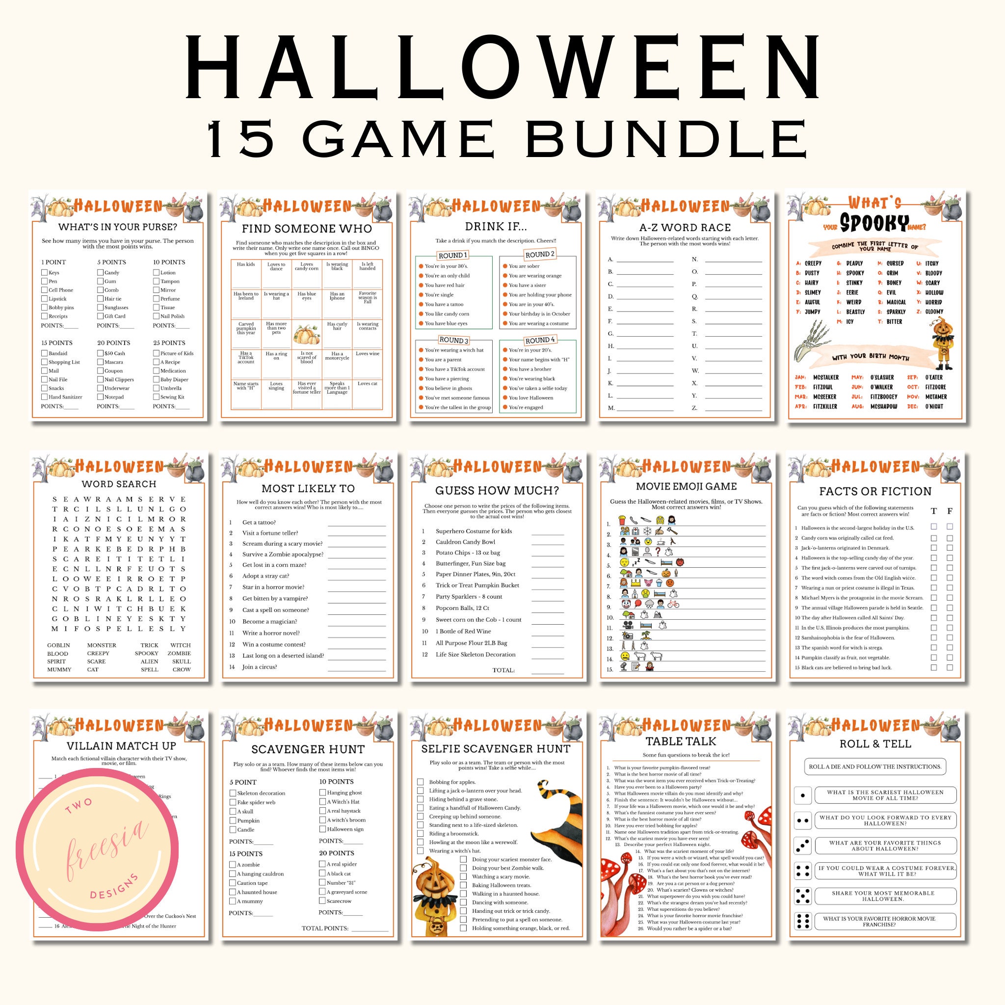 Halloween Party Games - 15 Printable Halloween Party Game Bundle for ...