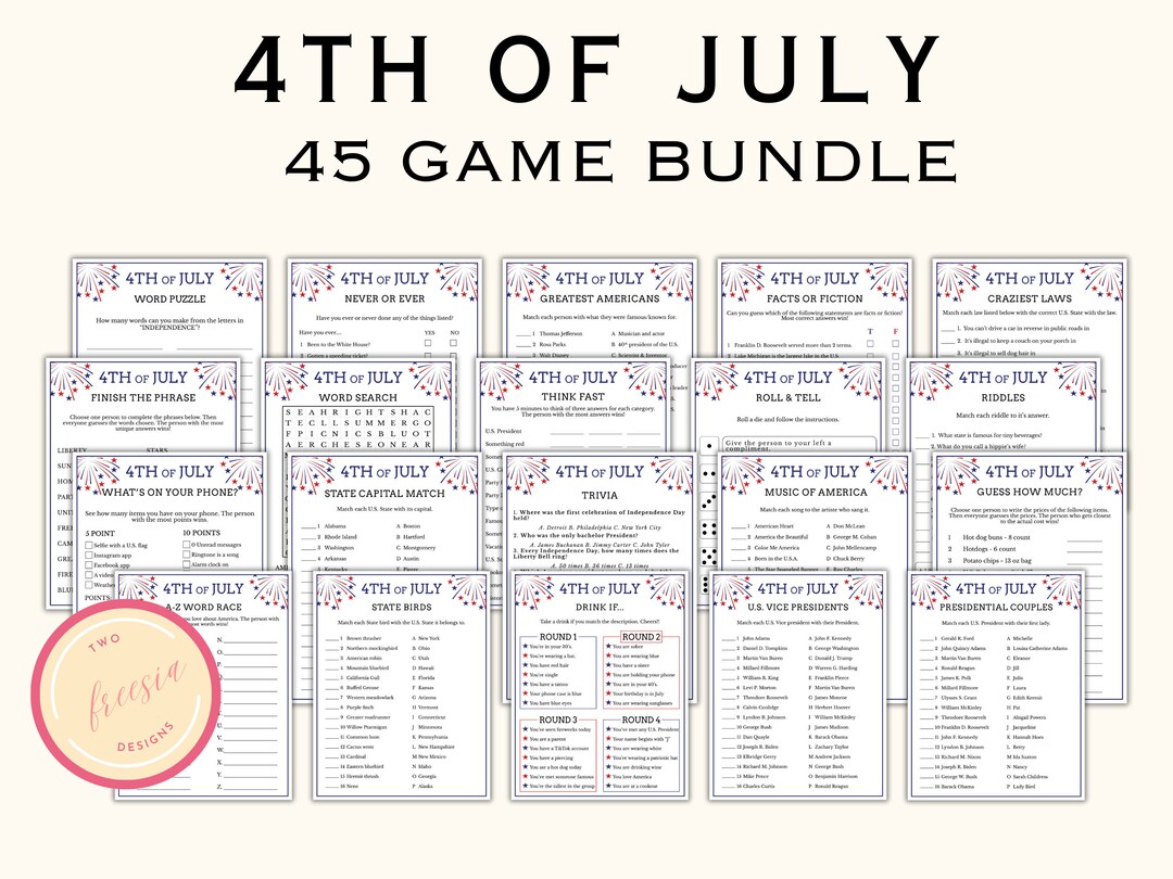 4th of July Games - 45 Printable Fourth of July Game Bundle for Kids ...