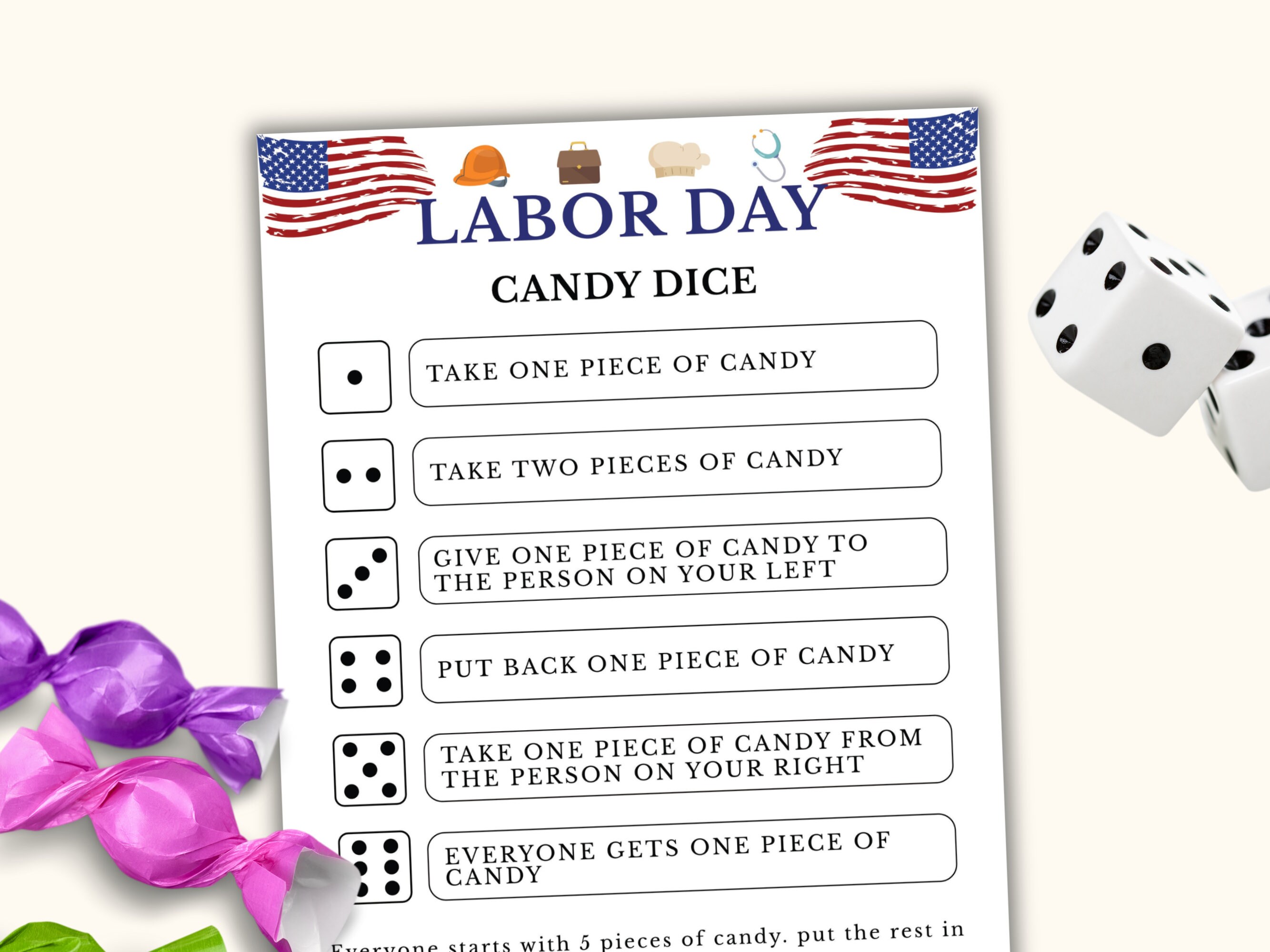 Labor Day Candy Dice Game - Labor Day Party Game for Kids & Adults ...
