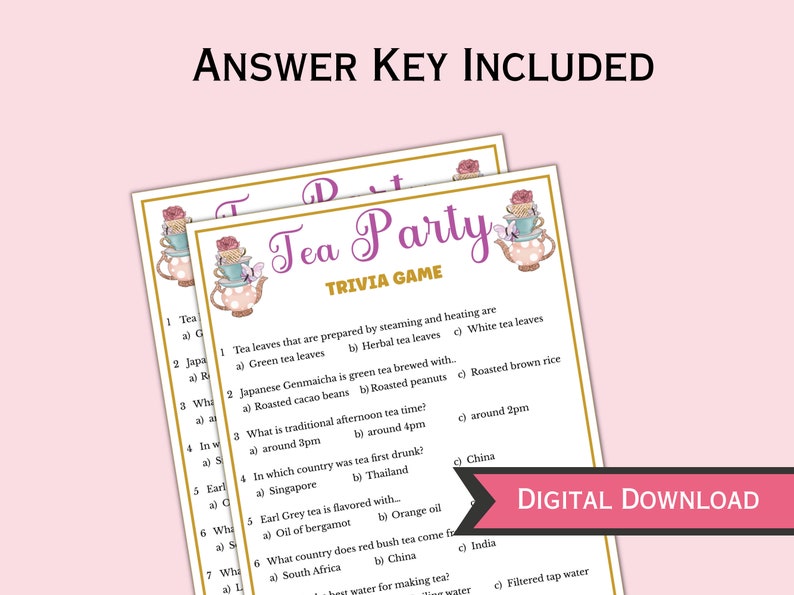 Tea Party Trivia Game - Printable Tea Party Games for Birthdays, Bridal ...