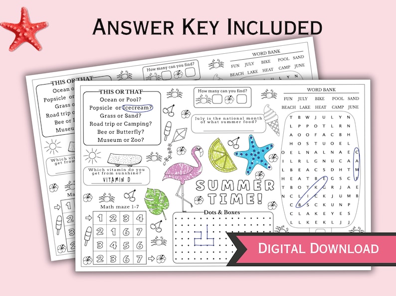 Summer Coloring and Activity Placemat - Printable Summer Activity Pages ...