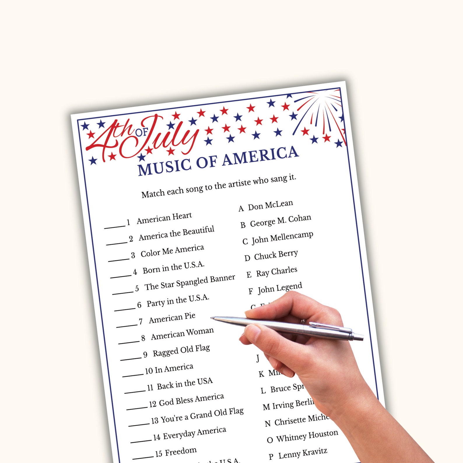 Music of America Trivia Game - Printable Fourth of July Game ...