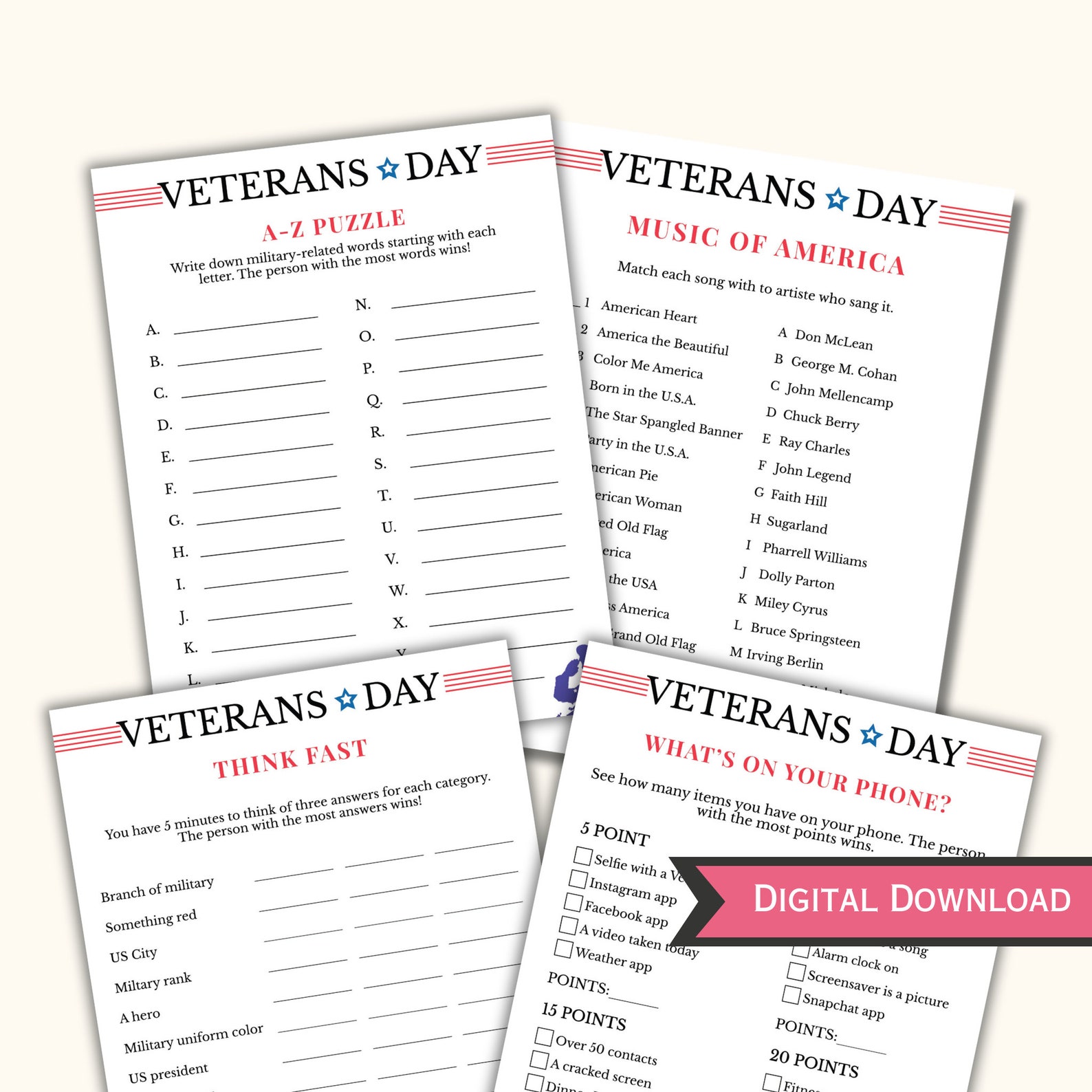 Veterans Day Game Bundle - American Trivia - 12 Printable Patriotic ...