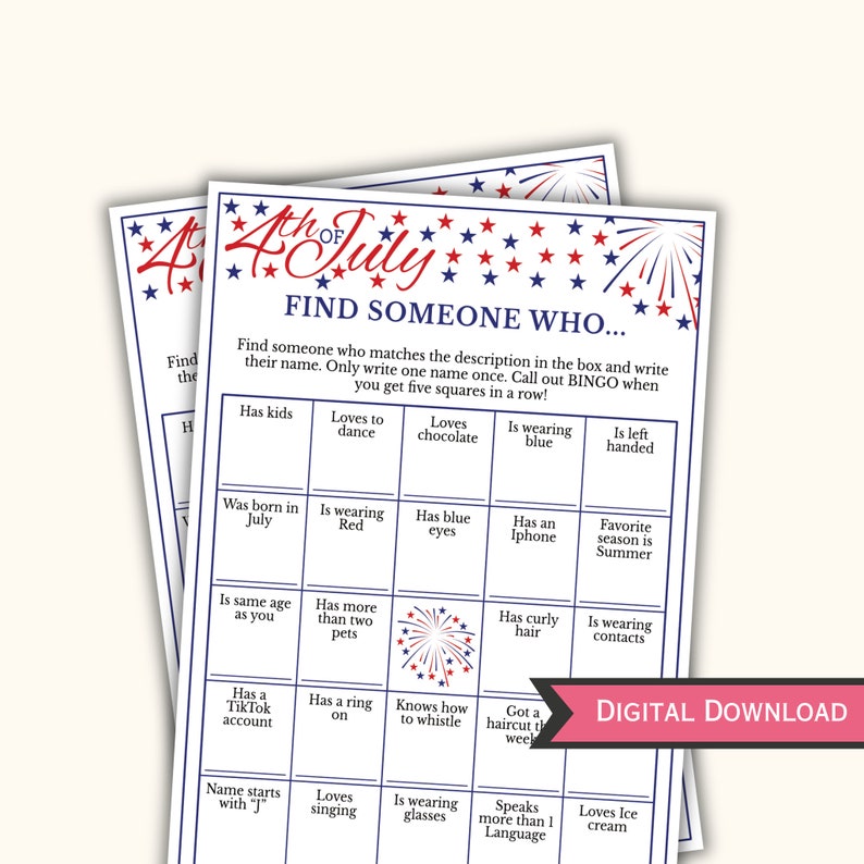 Find Someone Who Bingo Game Printable Fourth of July Game Independence ...