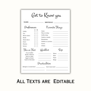 Editable Get to Know You Questionnaire Template - All About Me Survey ...