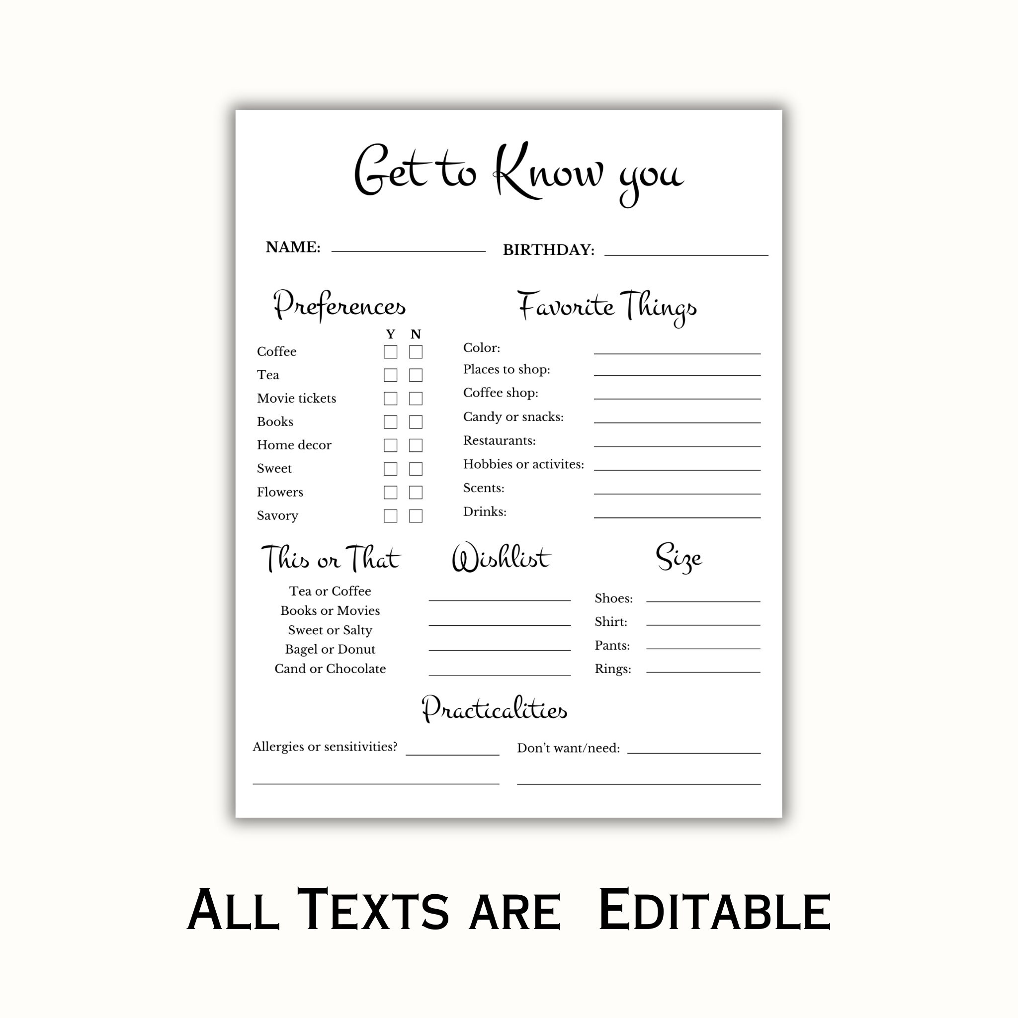 Editable Get to Know You Questionnaire Template - All About Me Survey ...
