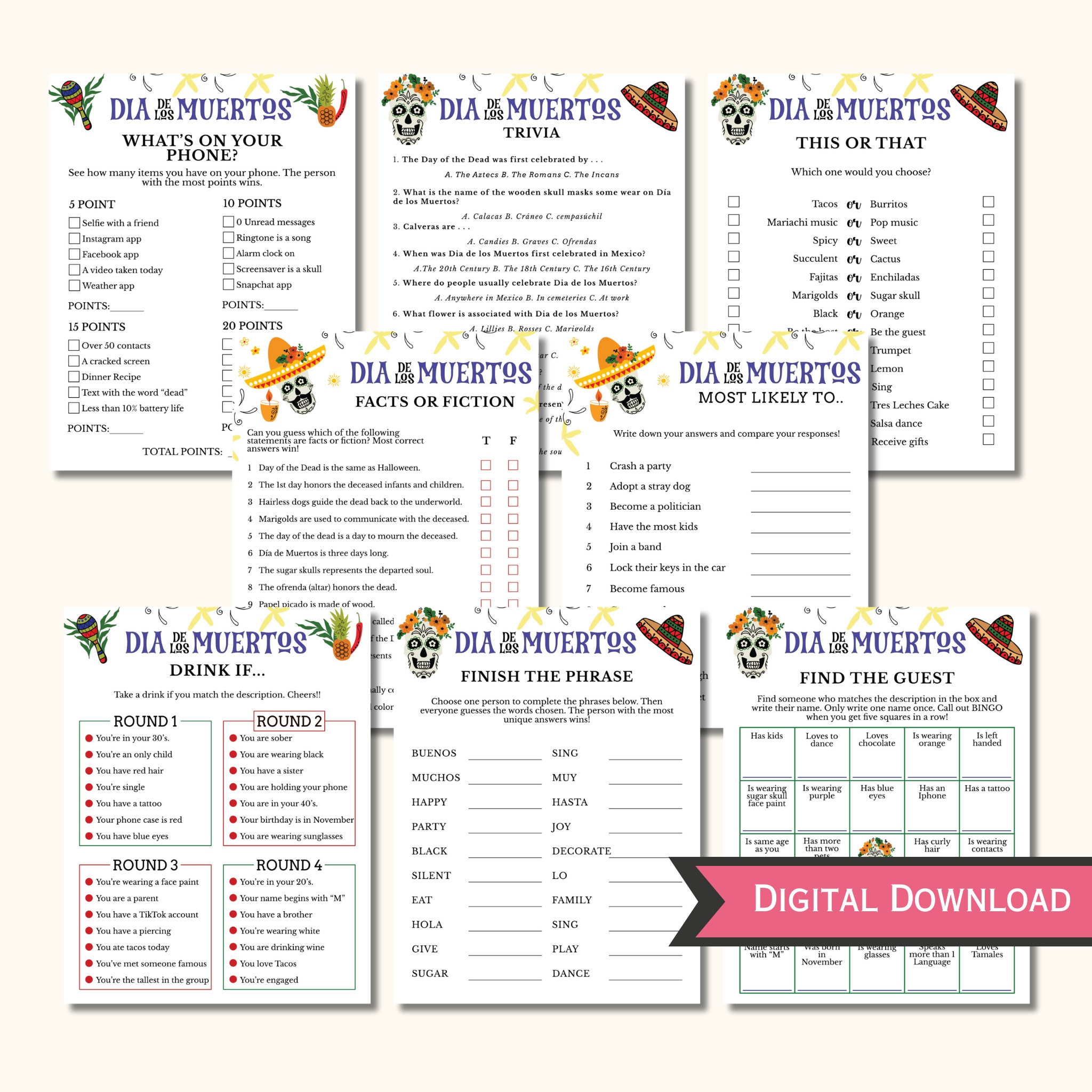 Día De Los Muertos Party Games - Printable Day of the Dead Game Bundle ...
