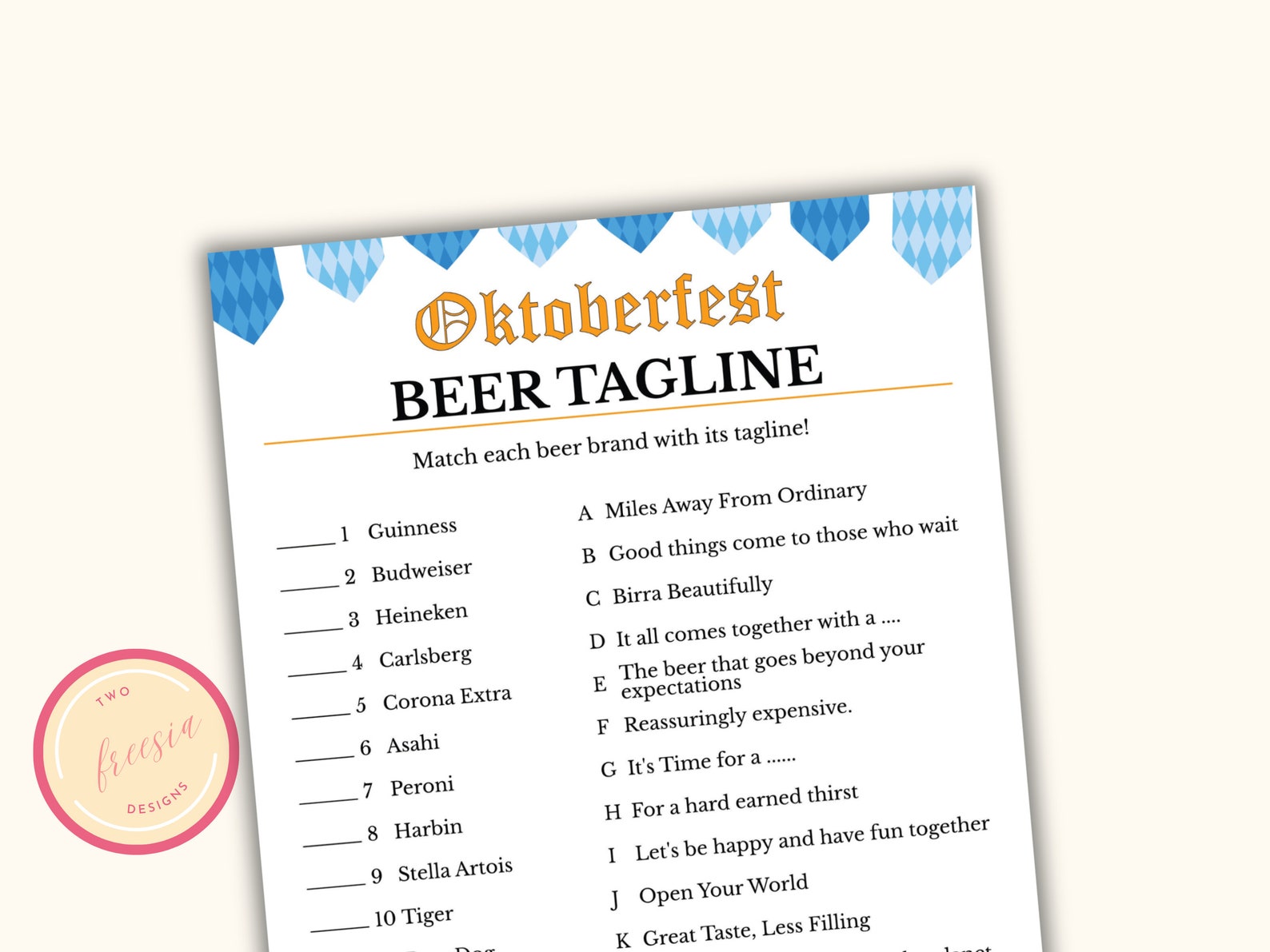 Beer Tagline Printable Oktoberfest Party Game Beer Festival Game German ...