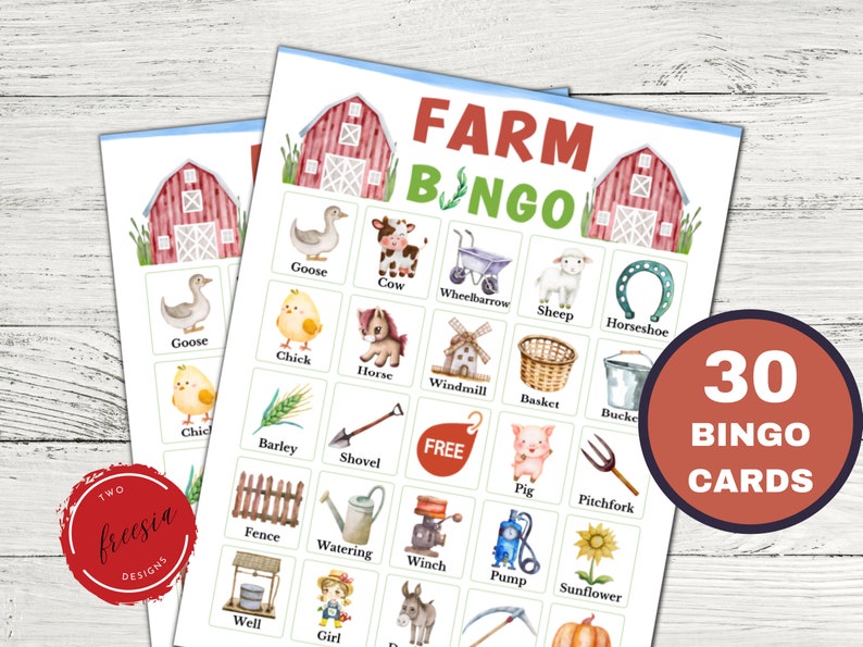 Printable Farm Bingo Game - Barnyard Birthday Party - 30 Bingo Cards ...