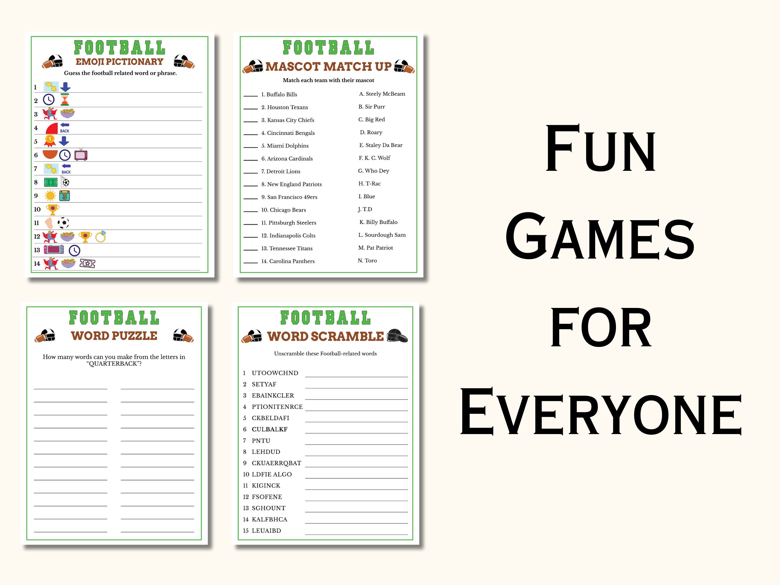 Football Game Bundle 15 Printable Football Party Games Pack Football ...