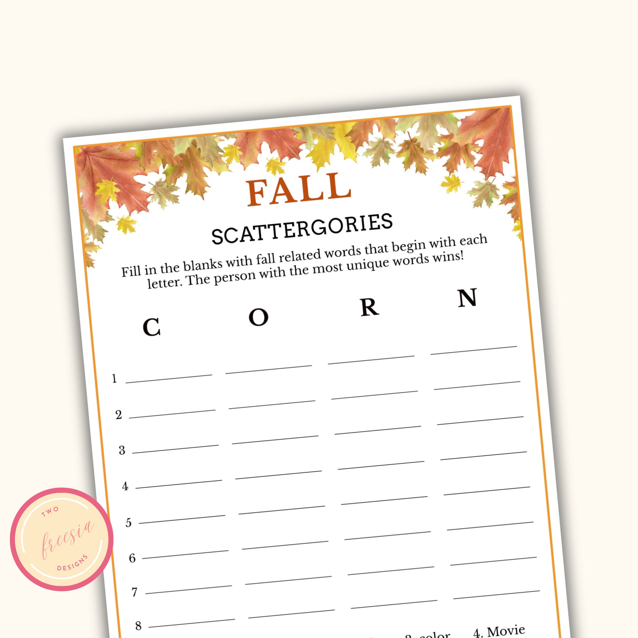 Fall Scattergories Game Printable Autumn Game Fun Fall Time Activities ...