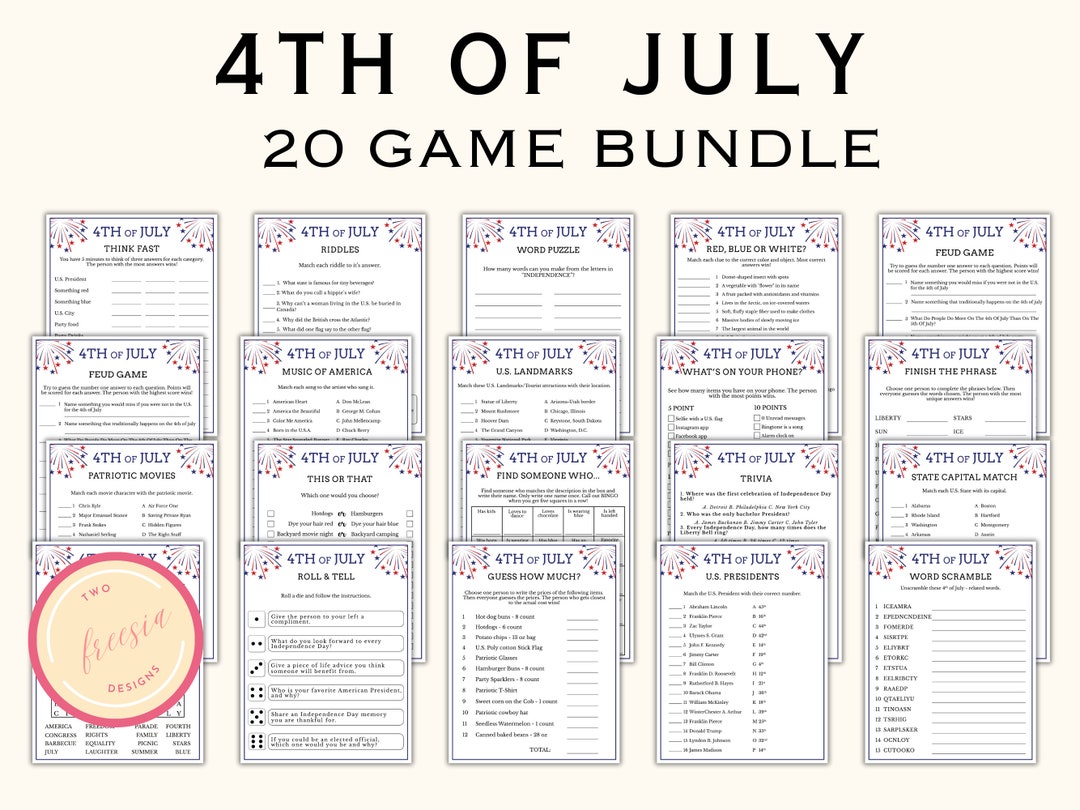 4th of July Games - 20 Printable Fourth of July Game Bundle for Kids ...