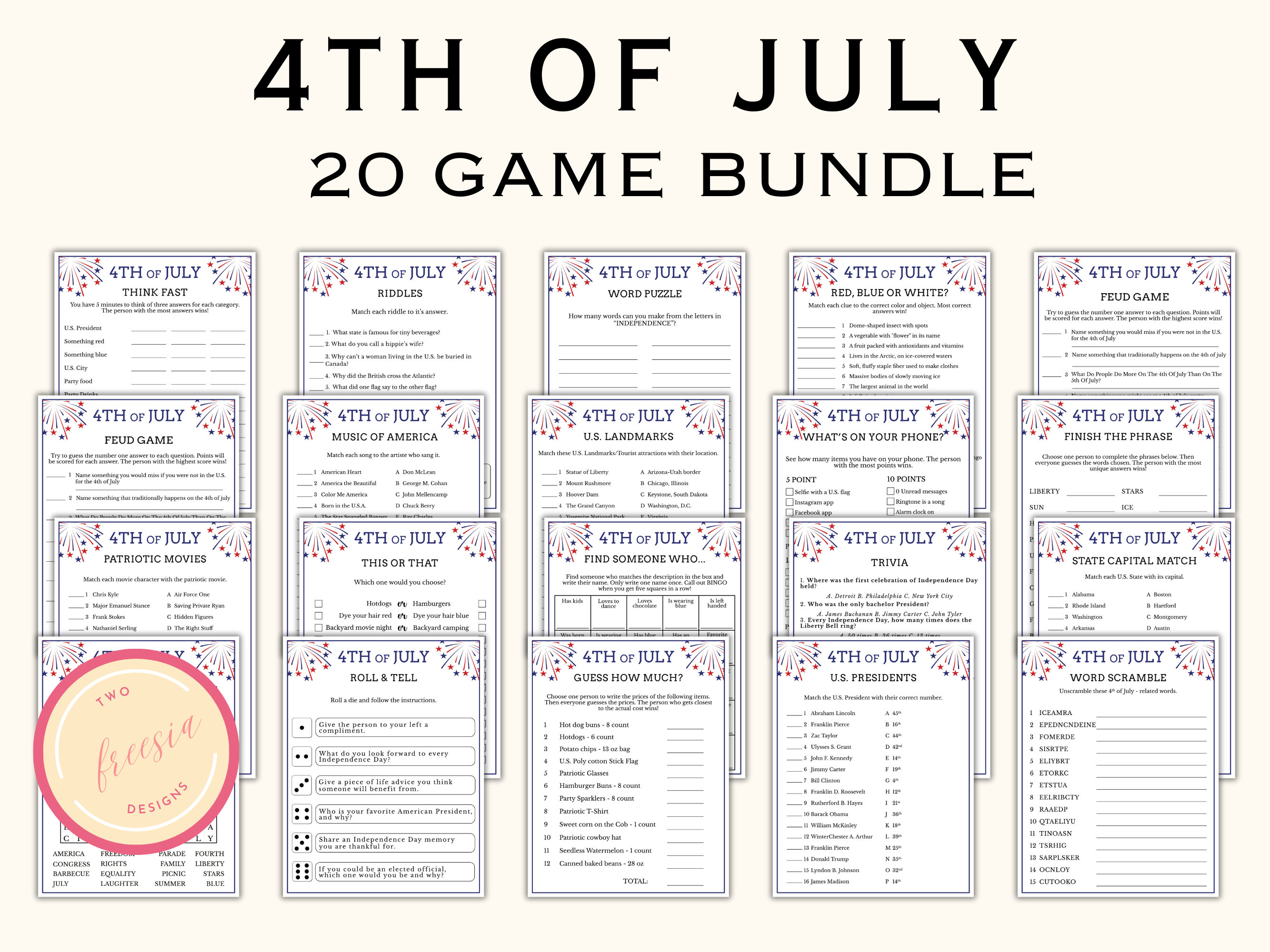 4th of July Games 20 Printable Fourth of July Game Bundle for Kids ...