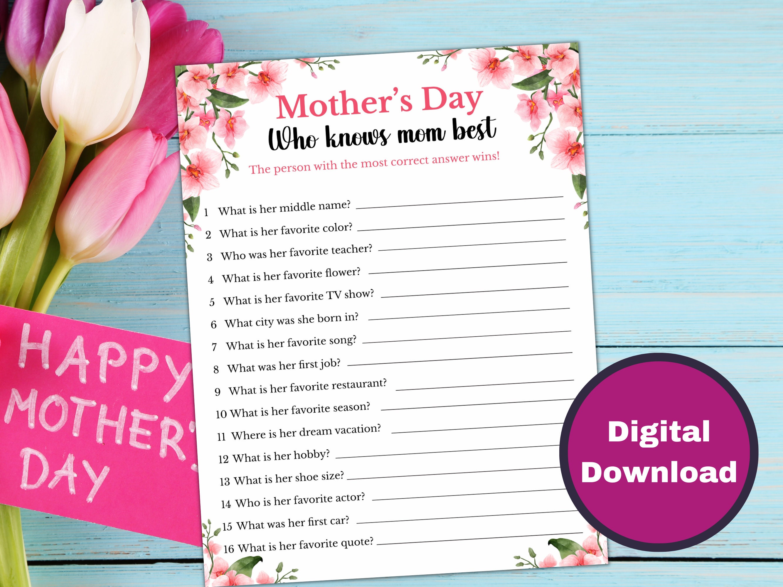 Printable Mother's Day Party Game Who Knows Mom Best Family Game Night ...
