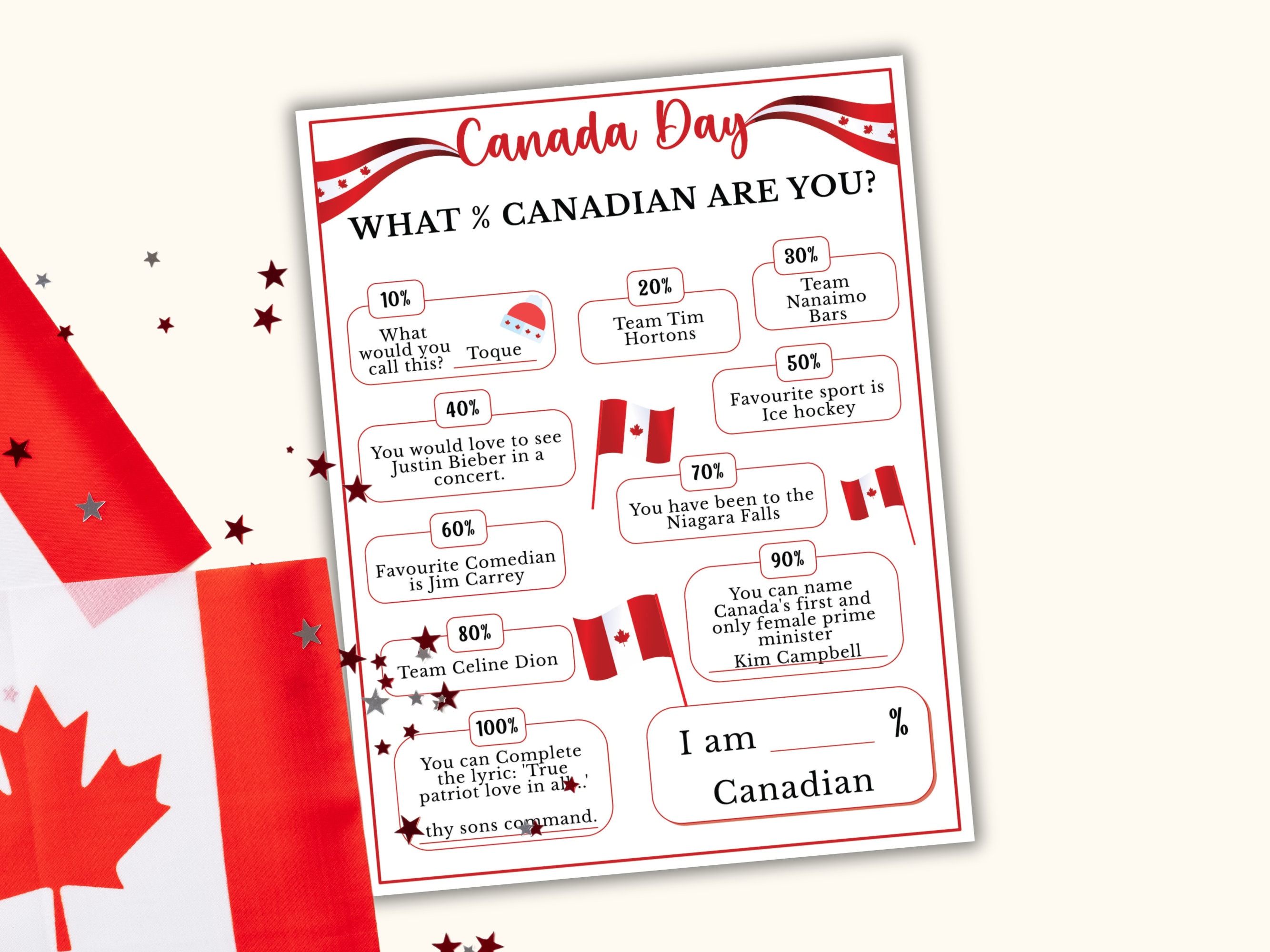 Canada Day Printable Game What % Canadian Are You Game for Kids and ...