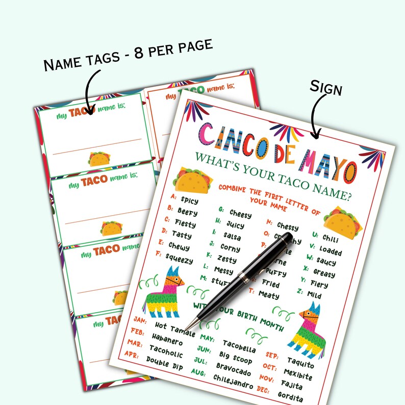 Printable Cinco De Mayo Game - What's Your Taco Name Game - Mexican ...