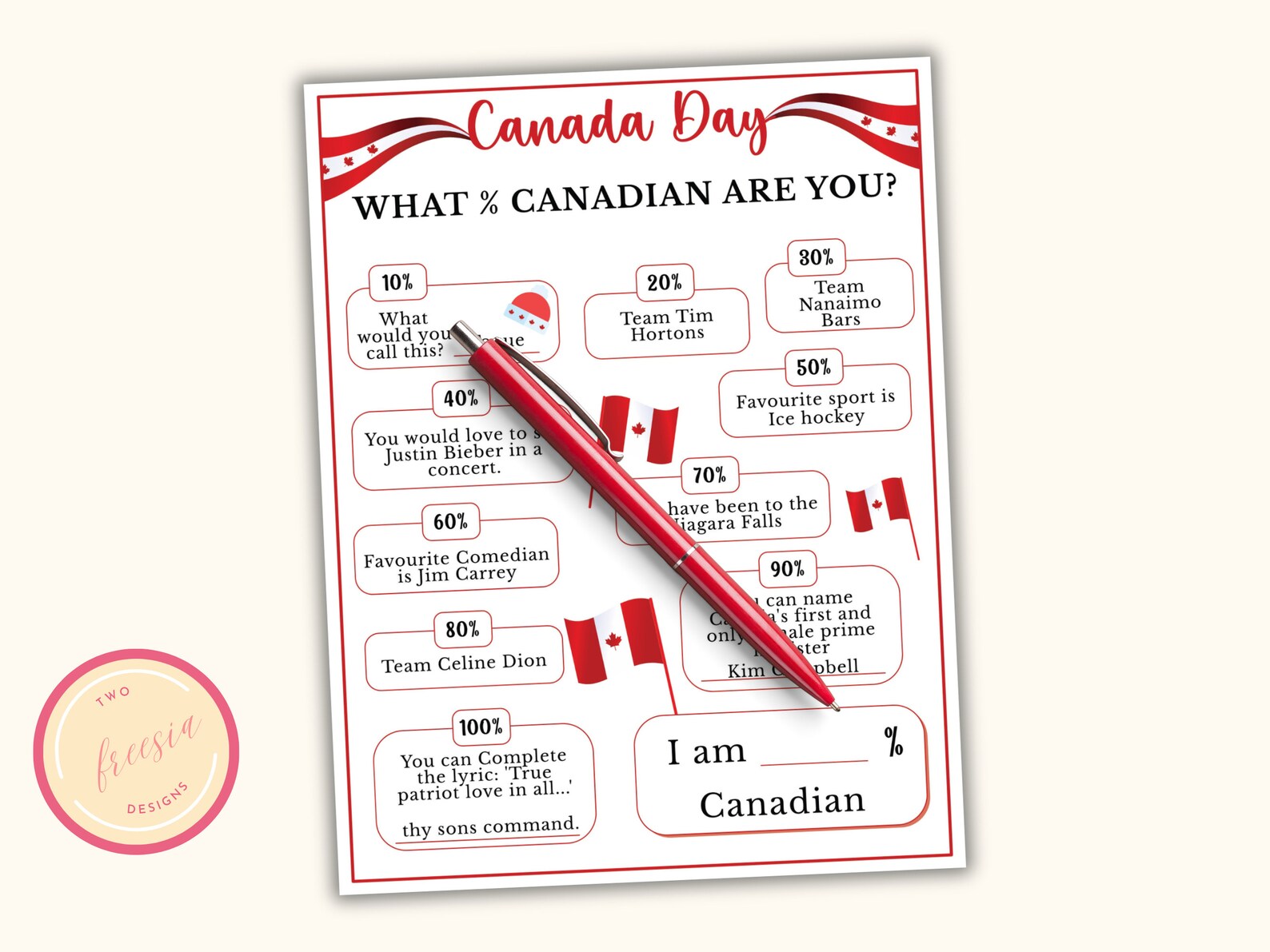 Canada Day Printable Game What % Canadian Are You Game for Kids and ...