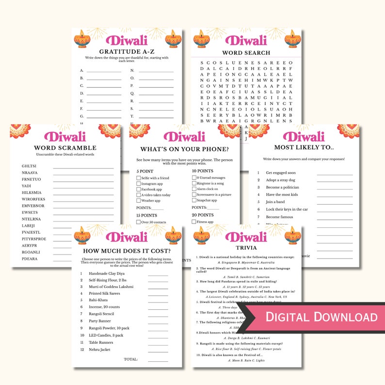 15 Diwali Games Bundle - Printable Diwali Games for Kids, Teens ...