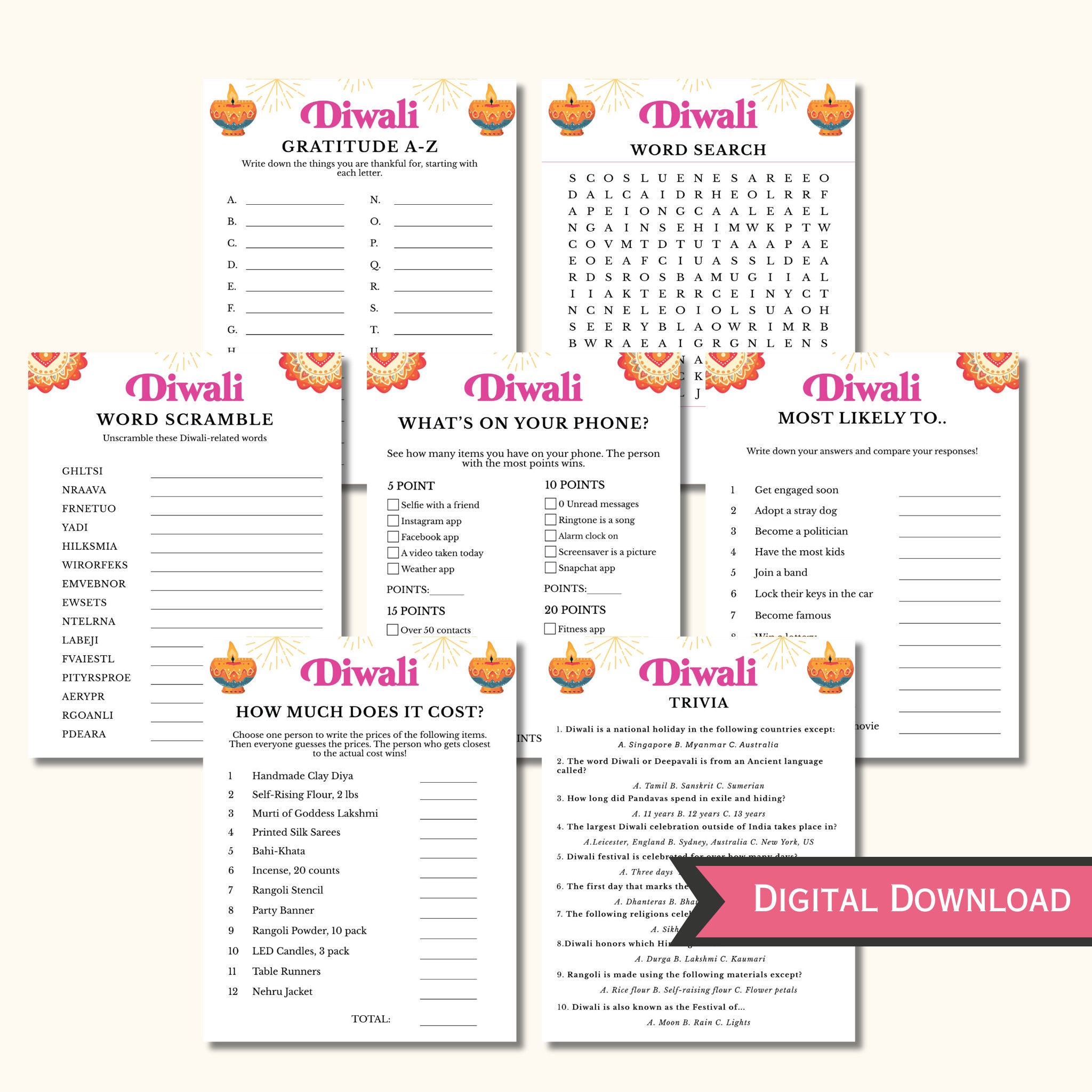 15 Diwali Games Bundle - Printable Diwali Games for Kids, Teens ...