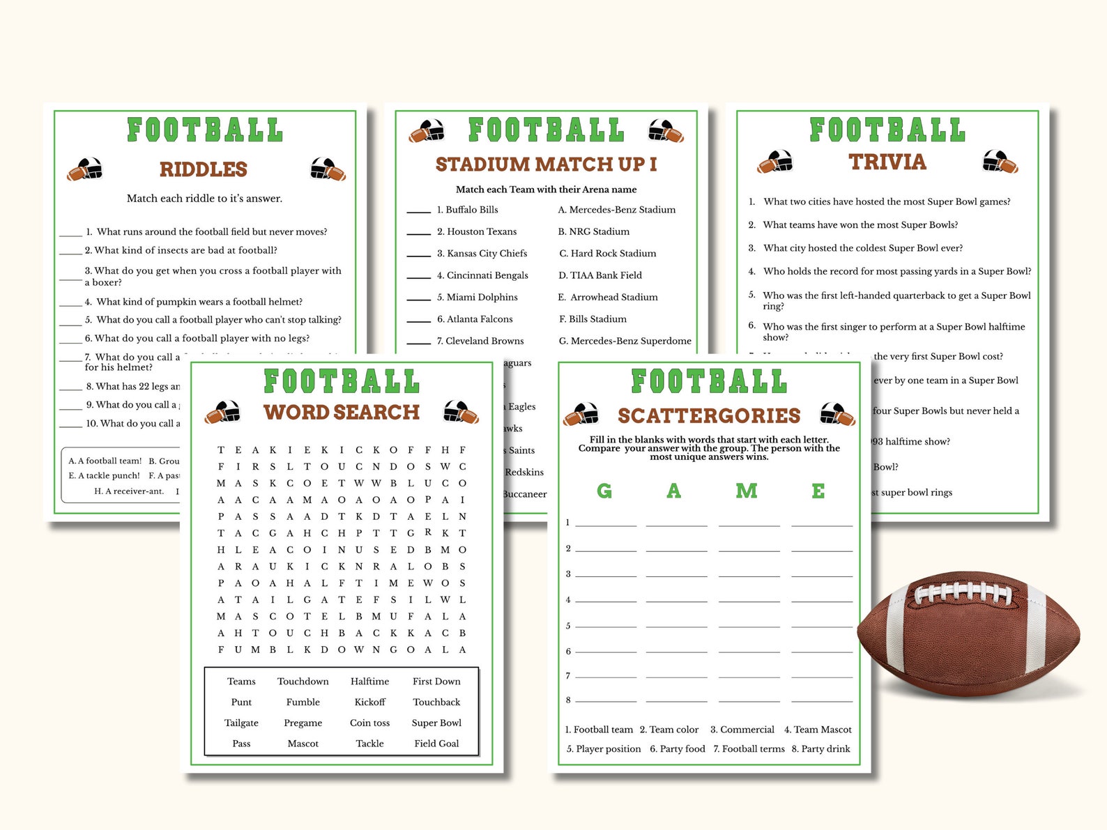 Football Game Bundle 15 Printable Football Party Games Pack Football ...