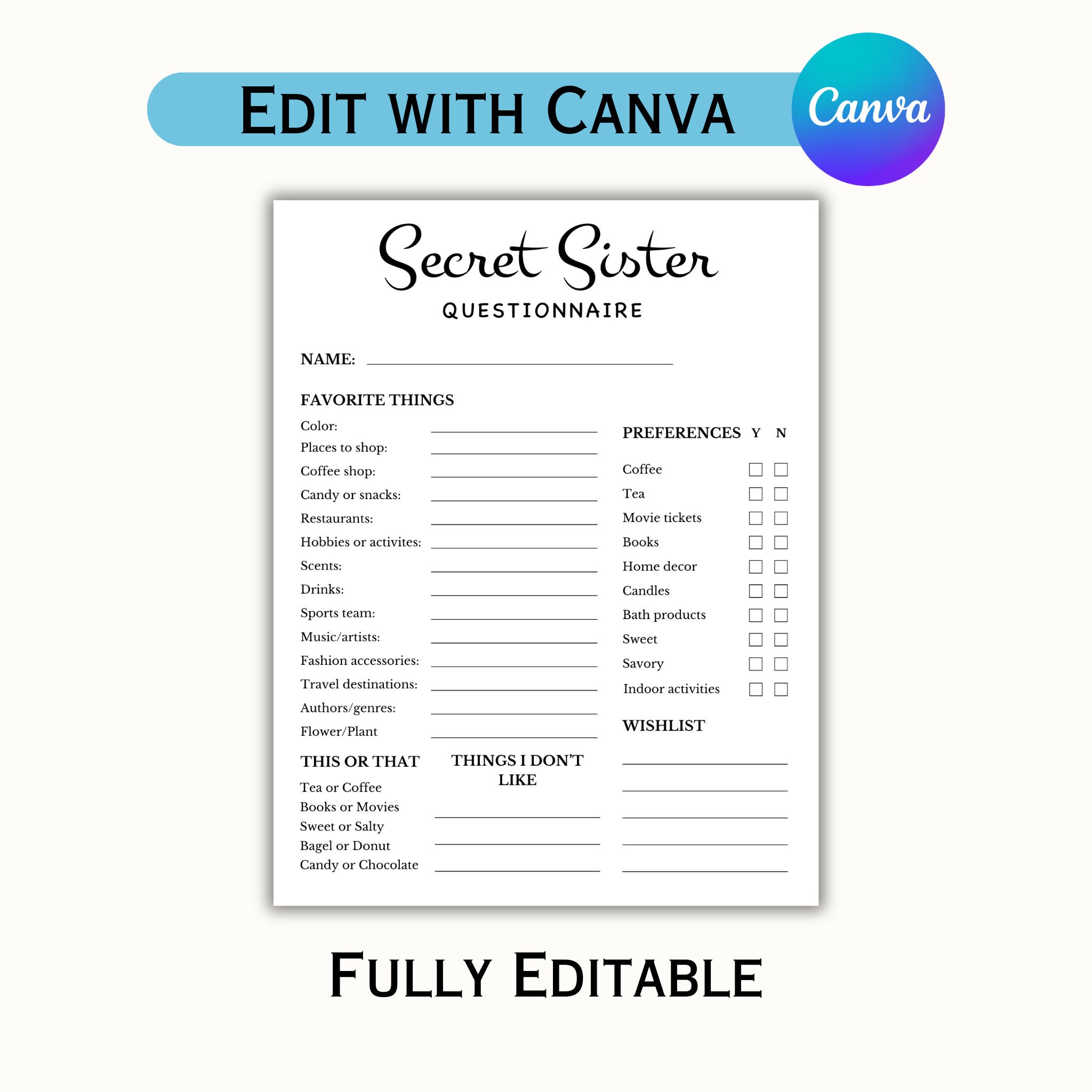 Secret Sister Questionnaire Editable Template All About Me Survey Work ...