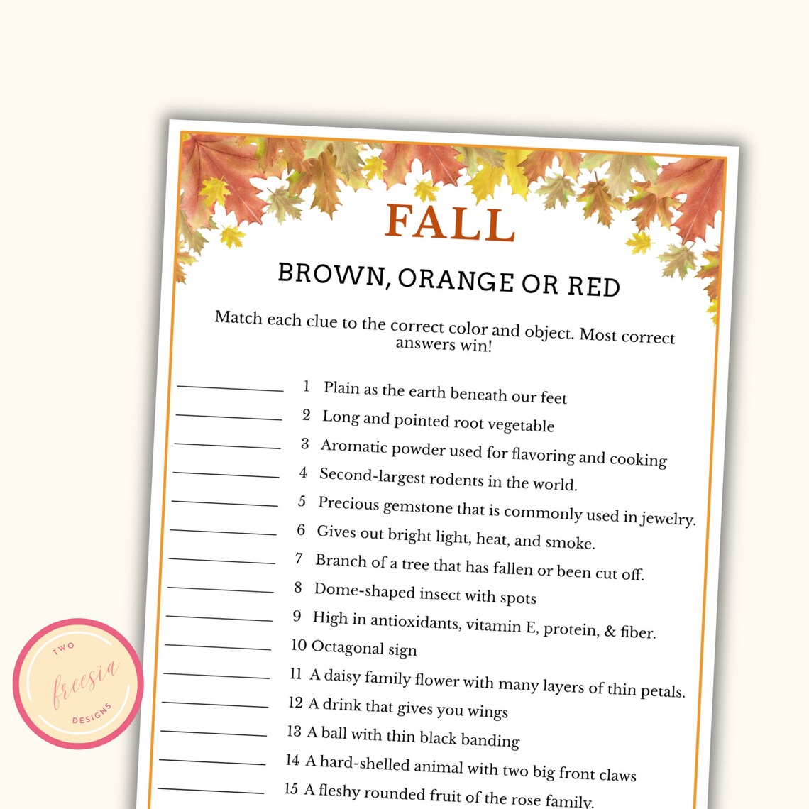 Brown Orange or Red Game Printable Autumn Game Fun Fall - Etsy