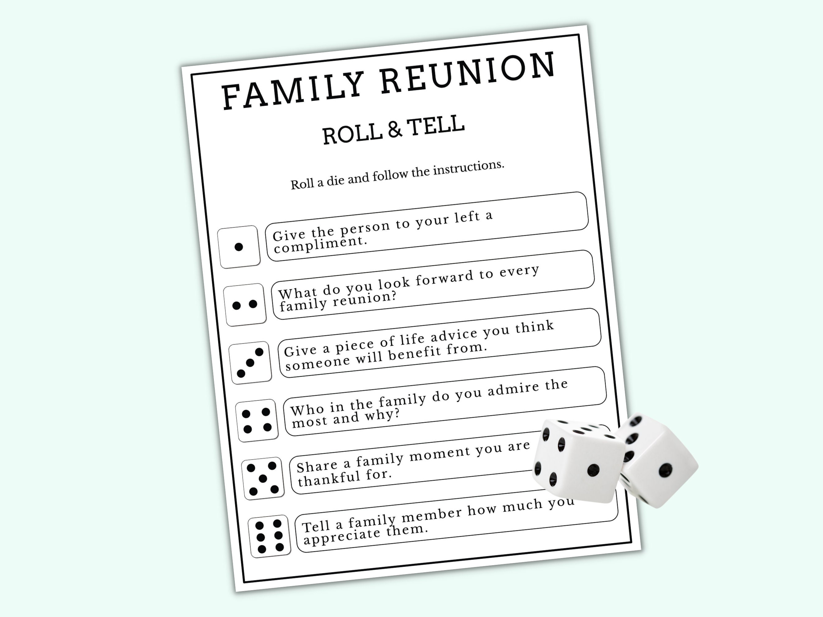Family Reunion Roll & Tell Dice Game - Printable Family Reunion ...