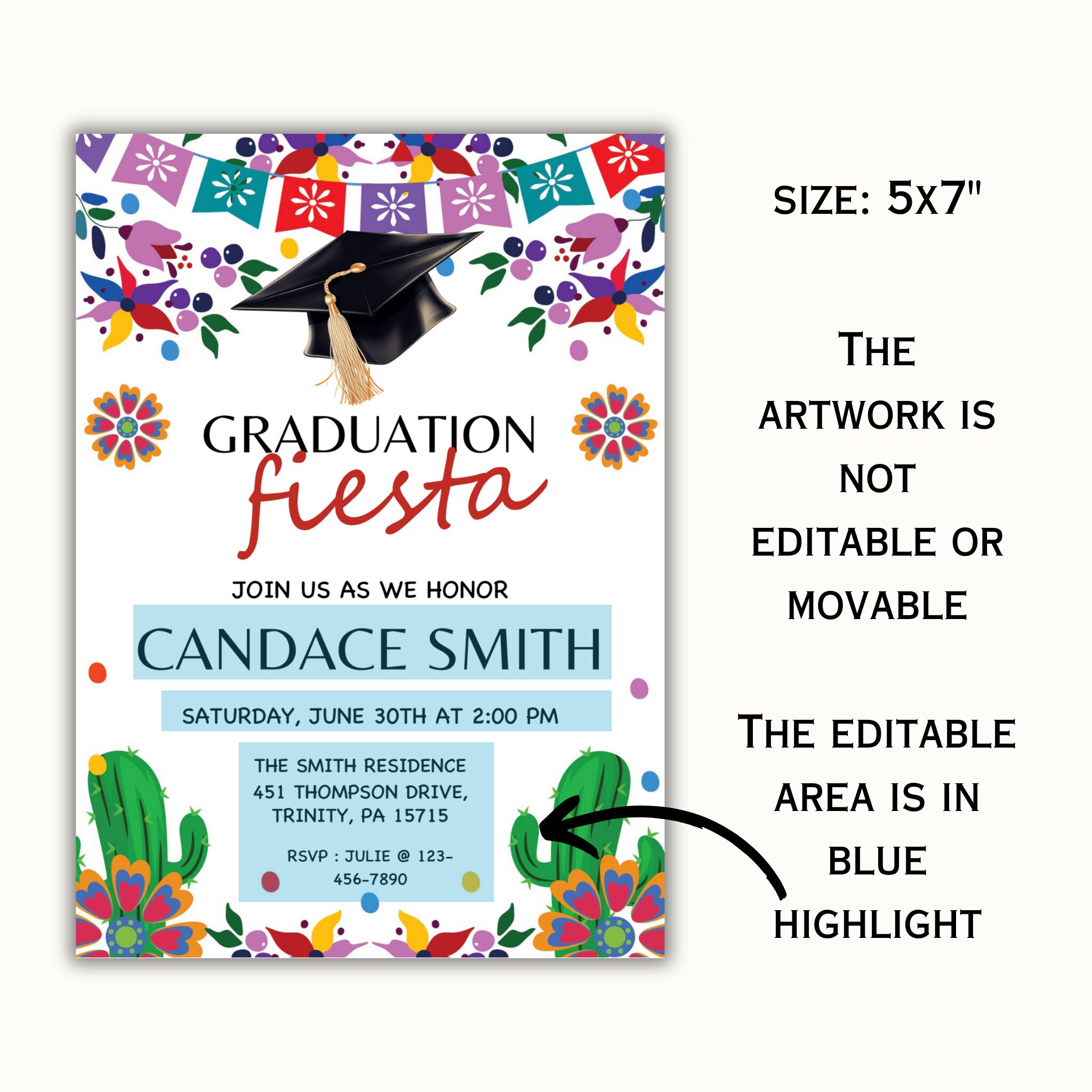 Graduation Fiesta Party Invitations Editable College, High School ...