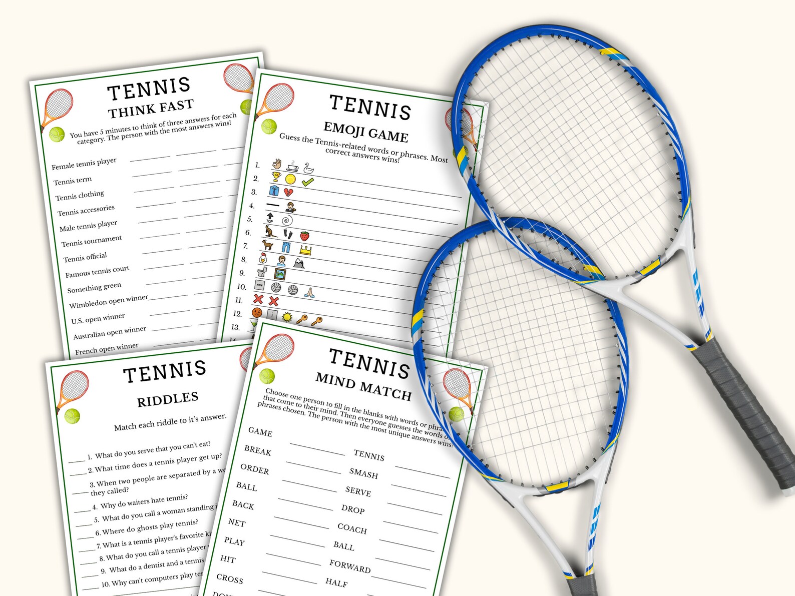 8 Tennis Party Games - Printable Tennis Party Game for Tennis ...