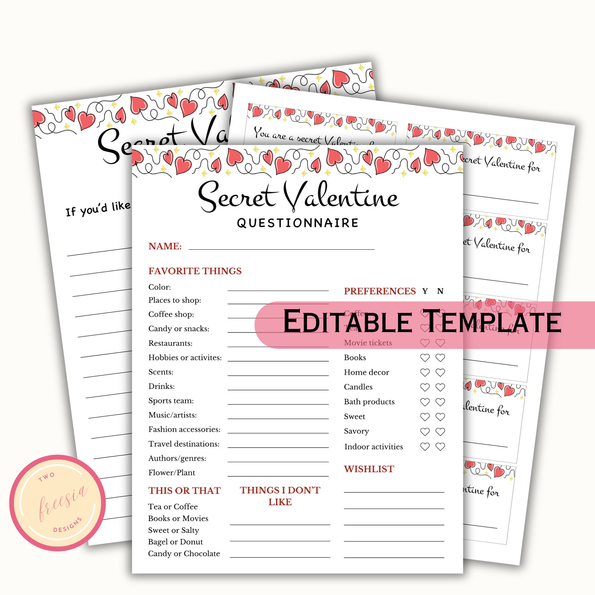 Secret Valentine Survey Questionnaire - Editable Valentine's Day Gift ...