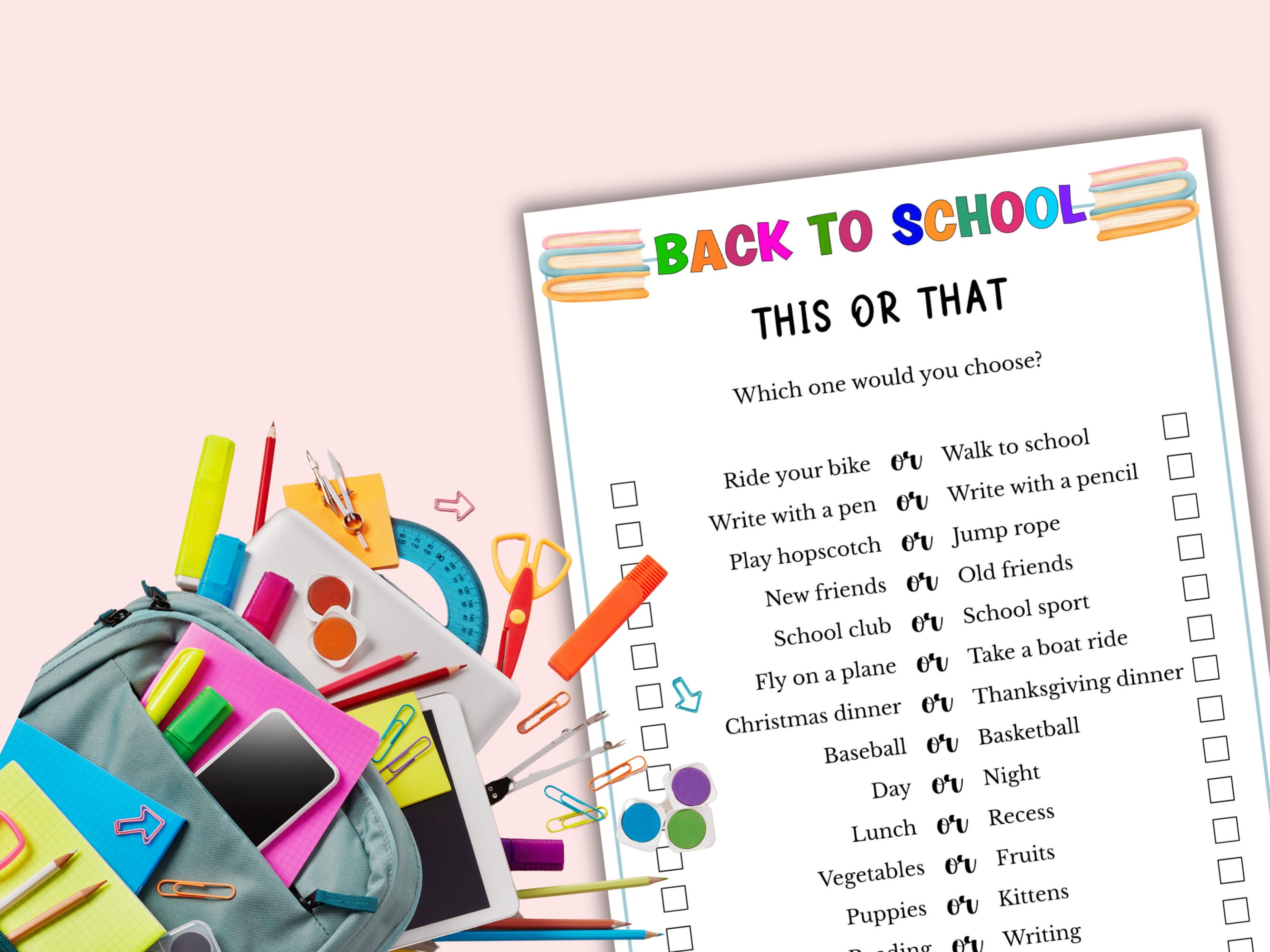 This or That - Printable Back to School Game - First Day of School ...