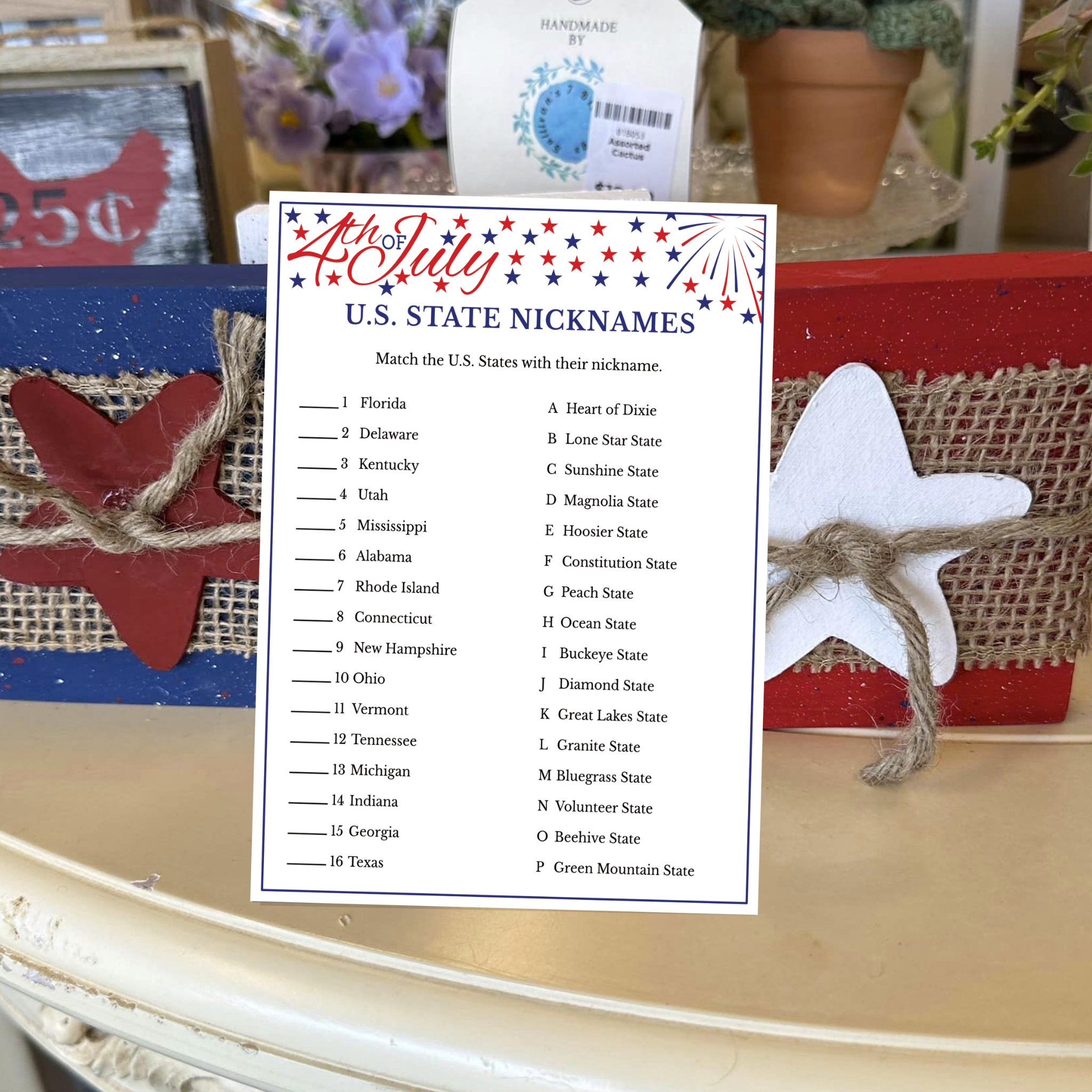 State Nicknames Match Game Printable Fourth of July Game Independence ...