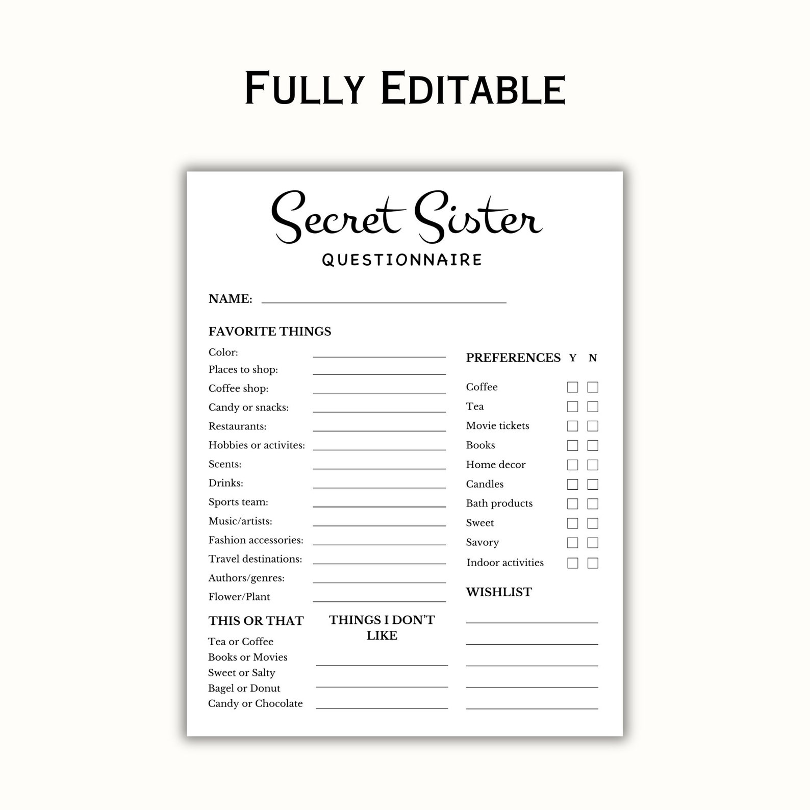 Secret Sister Questionnaire Editable Template - All About Me Survey ...