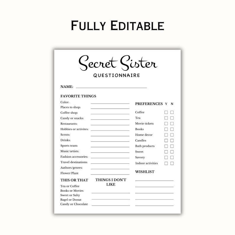 Secret Sister Questionnaire Editable Template - All About Me Survey ...