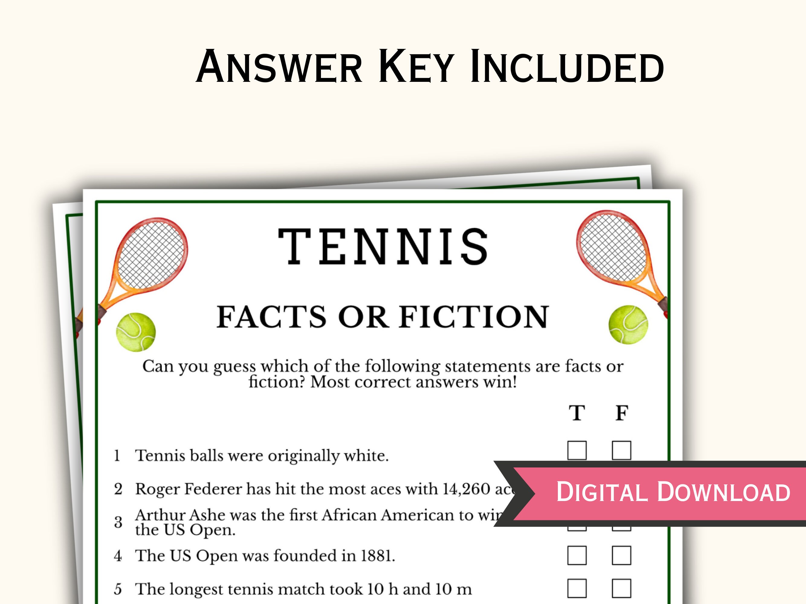 Tennis Facts or Fiction Game - Tennis-themed Party - Printable Tennis ...