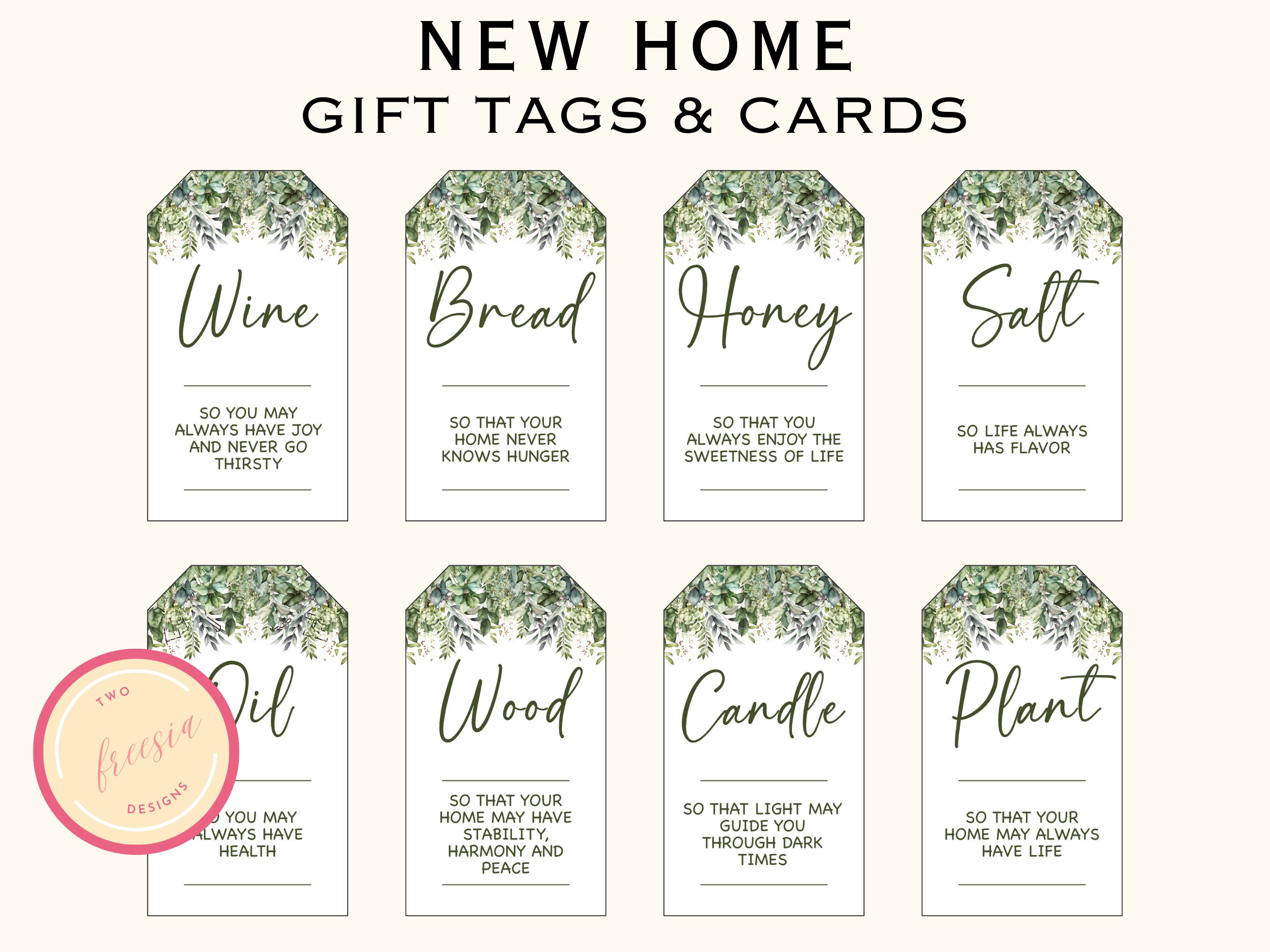 Traditional Housewarming Gift Basket Tags - Printable Greenery New Home ...