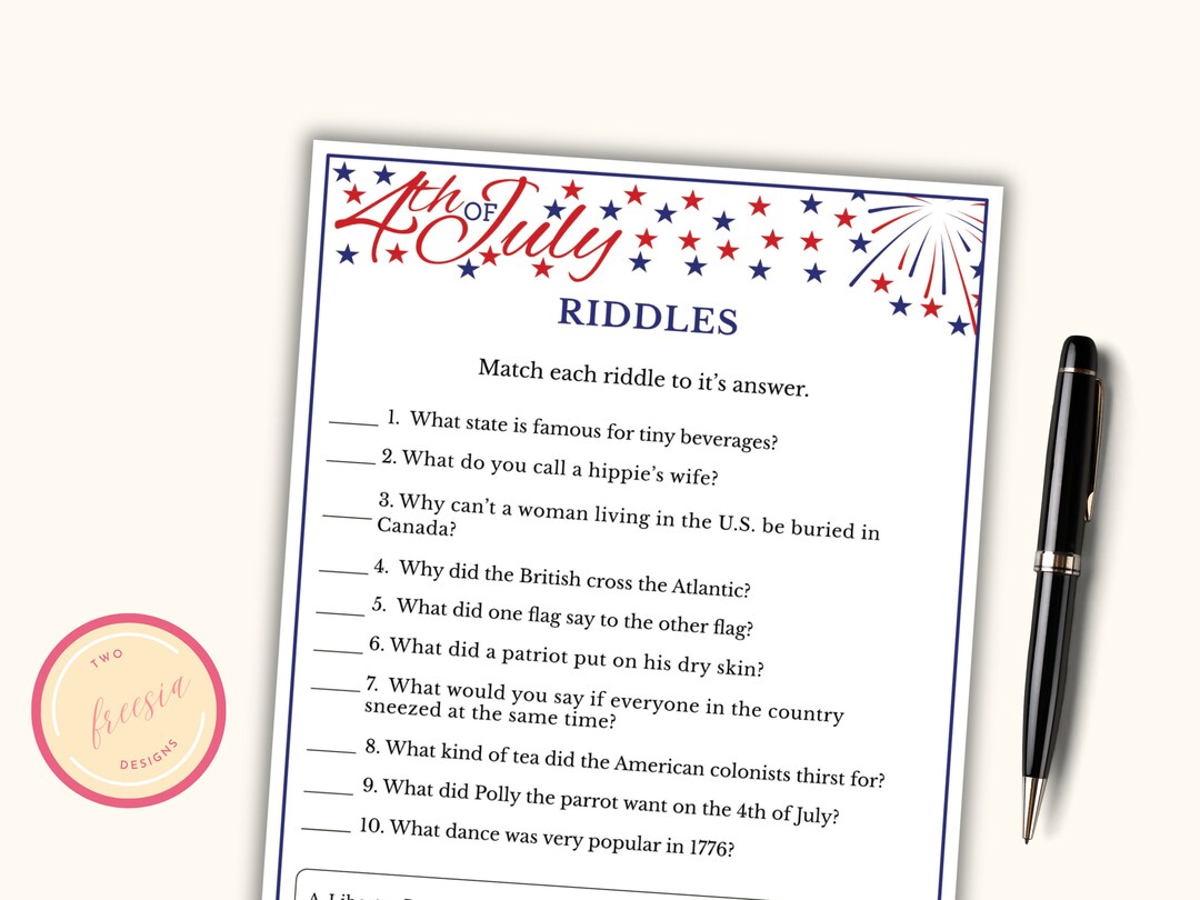 4th of July Riddles Game - Printable Fourth of July Game for Adults ...