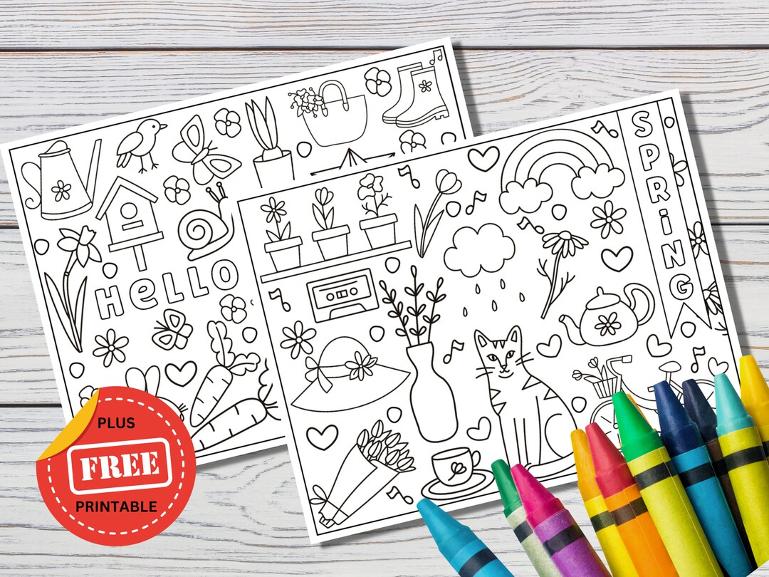 Printable Spring Doodle Coloring Pages Placemat Activity Sheet for Kids ...