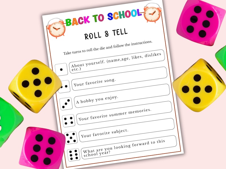 Roll and Tell Dice Game - Printable Back to School Game - First Day of ...