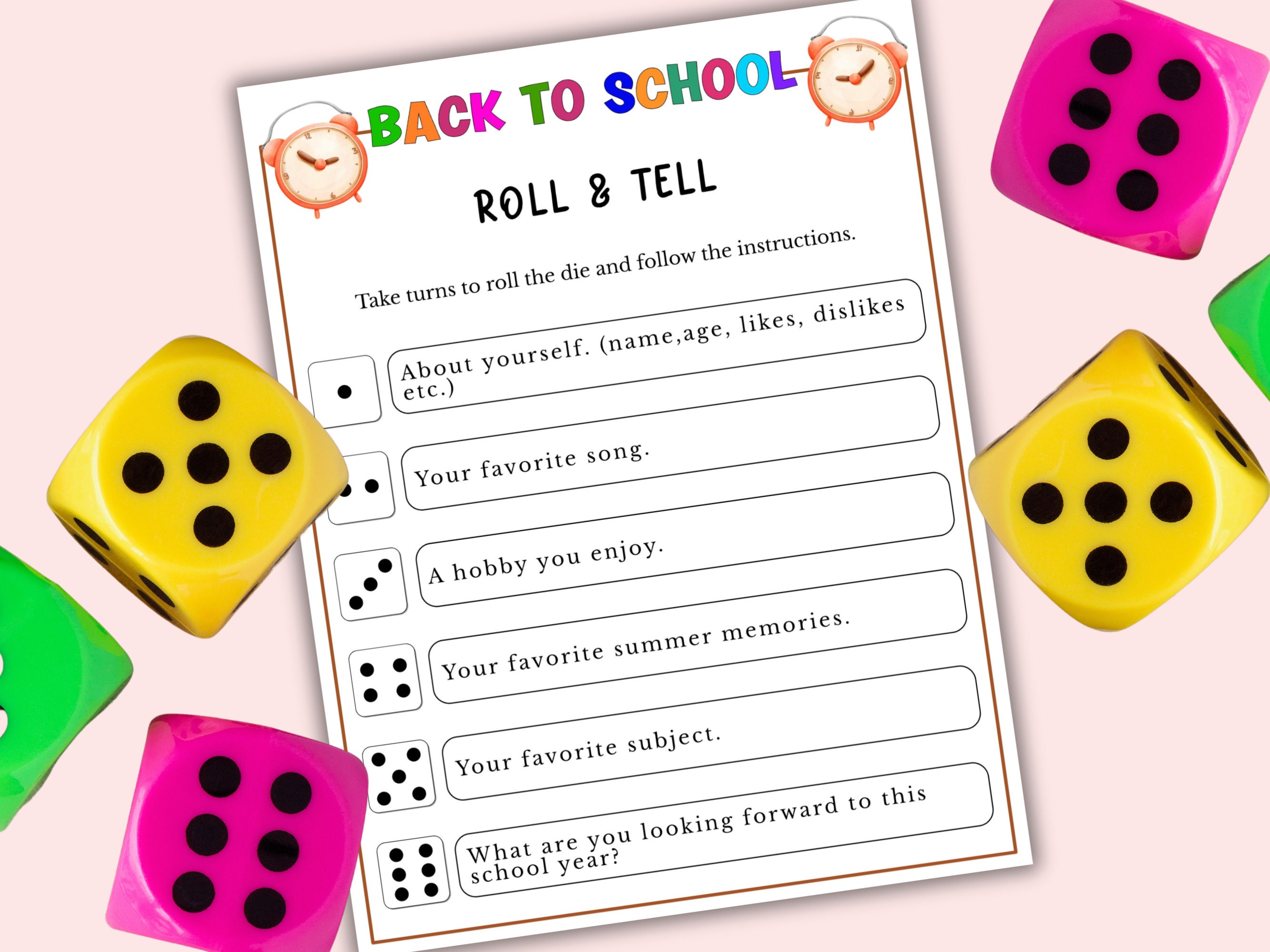 Roll and Tell Dice Game - Printable Back to School Game - First Day of ... Roll and Tell Dice Game - Printable Back to School Game - First Day of ...