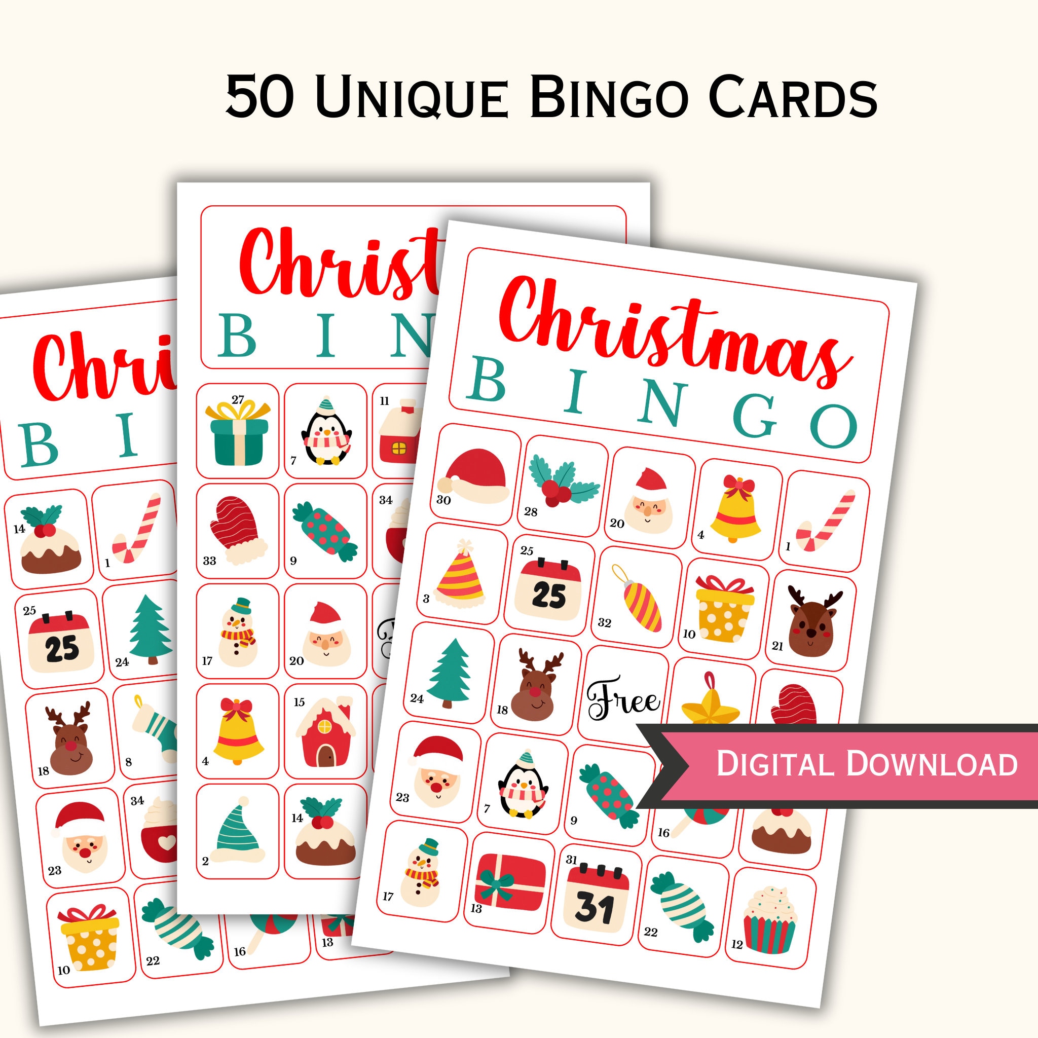 50 Christmas Bingo Cards - Printable Christmas Games for Kids and ...
