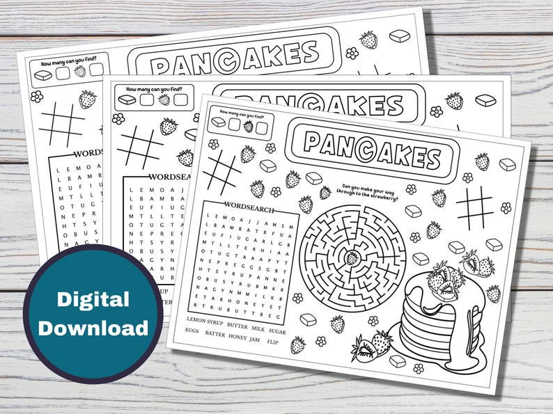 Pancakes Activity and Coloring Placemat - Party Games Sheet for Kids ...