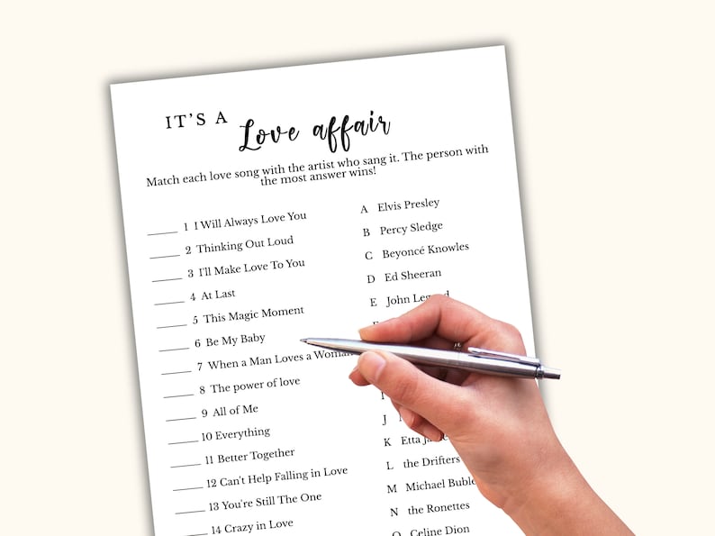 Love Song Trivia Game - Printable Couples Bridal Party Games - Joint ...
