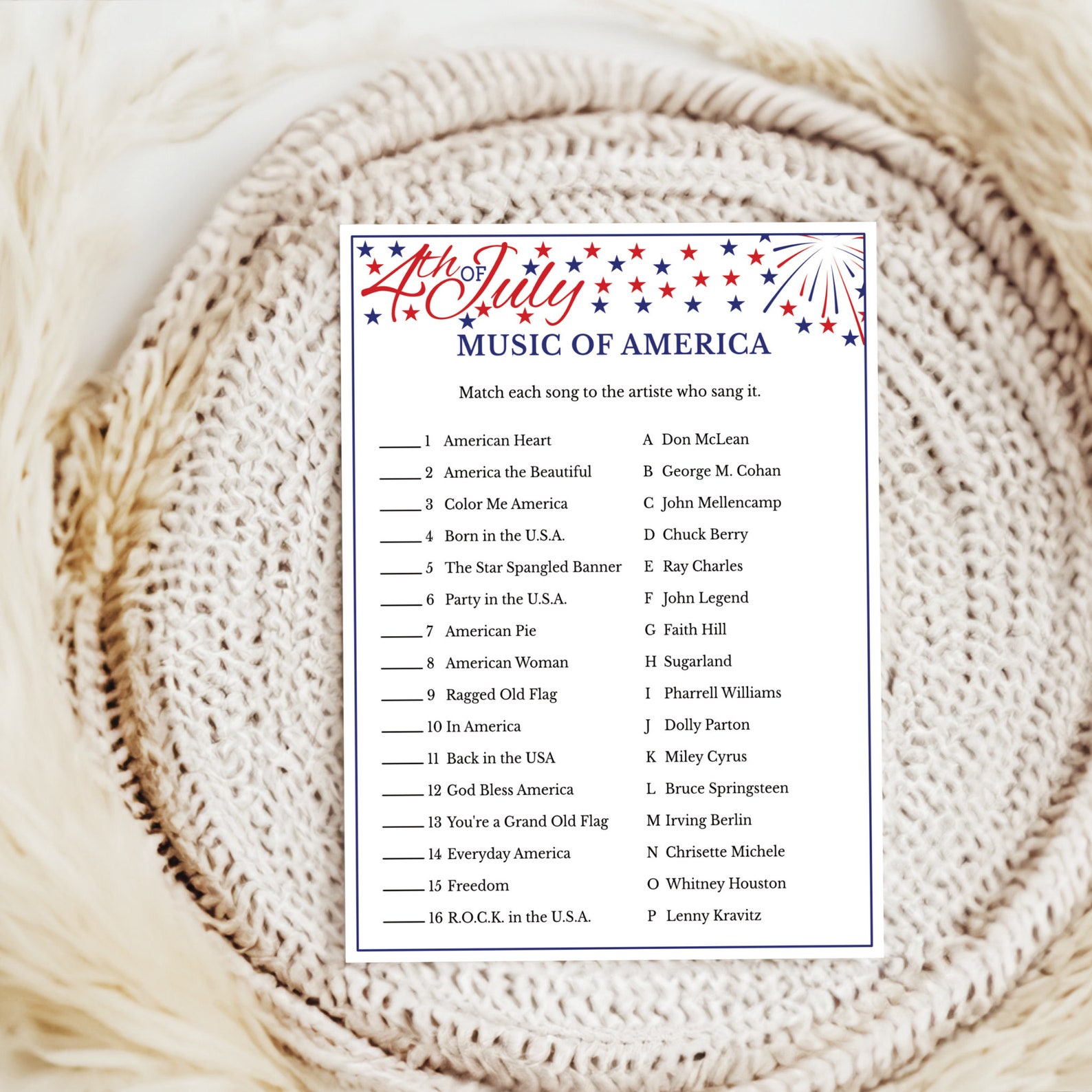 Music of America Trivia Game - Printable Fourth of July Game ...
