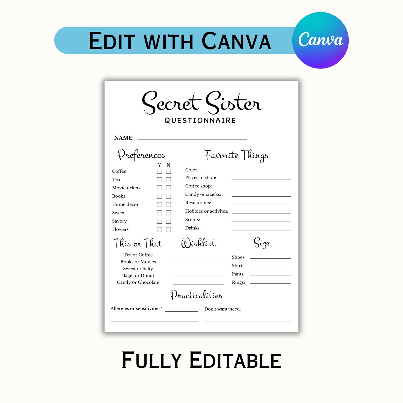 Editable Secret Sister Questionnaire All About Me Survey Gift Exchange ...