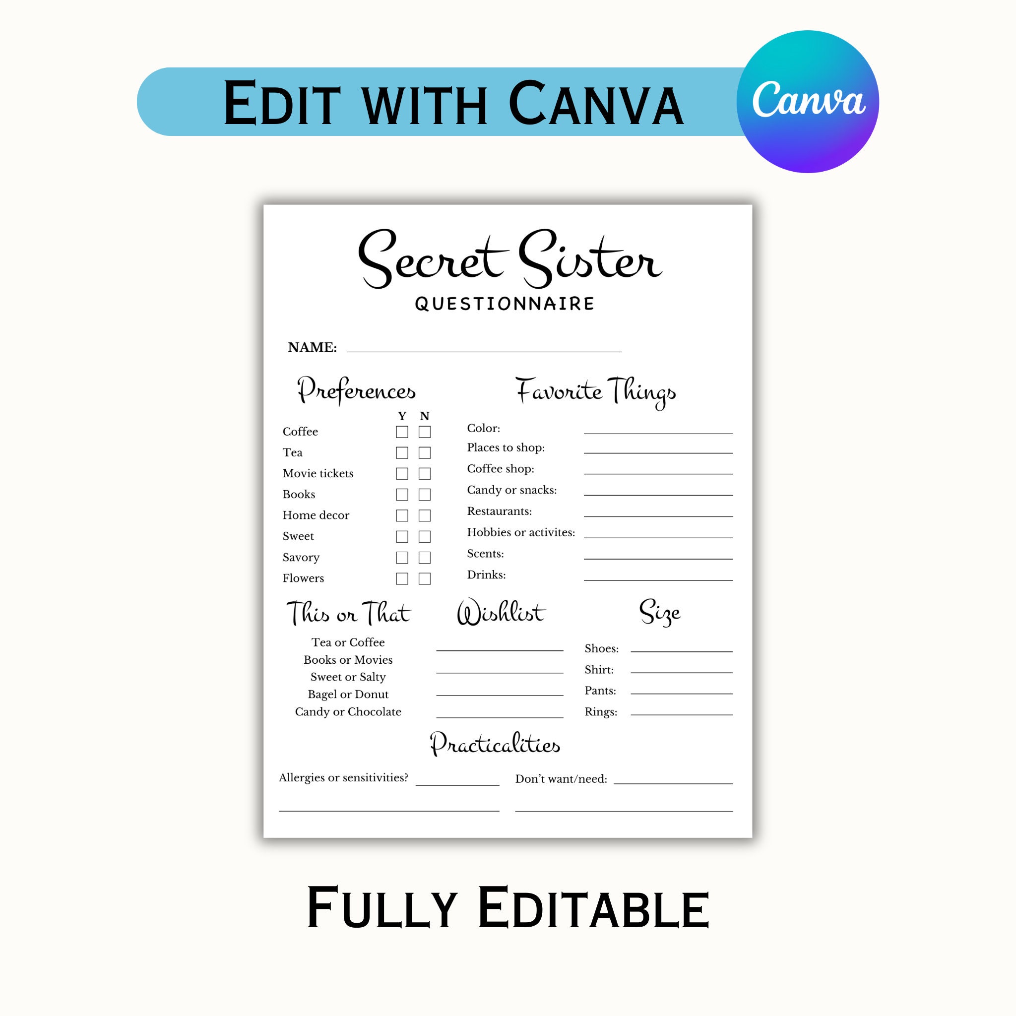 Editable Secret Sister Questionnaire All About Me Survey Gift Exchange ...