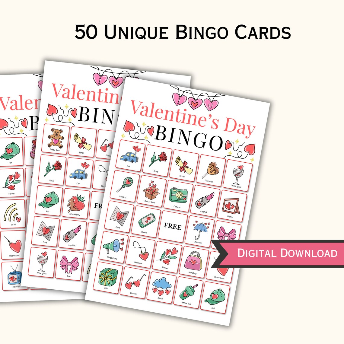 50 Bingo Valentine's Day Bingo Cards - Printable Bingo Game for Kids ...