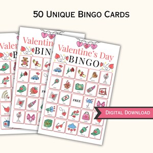 50 Bingo Valentine's Day Bingo Cards - Printable Bingo Game for Kids ...