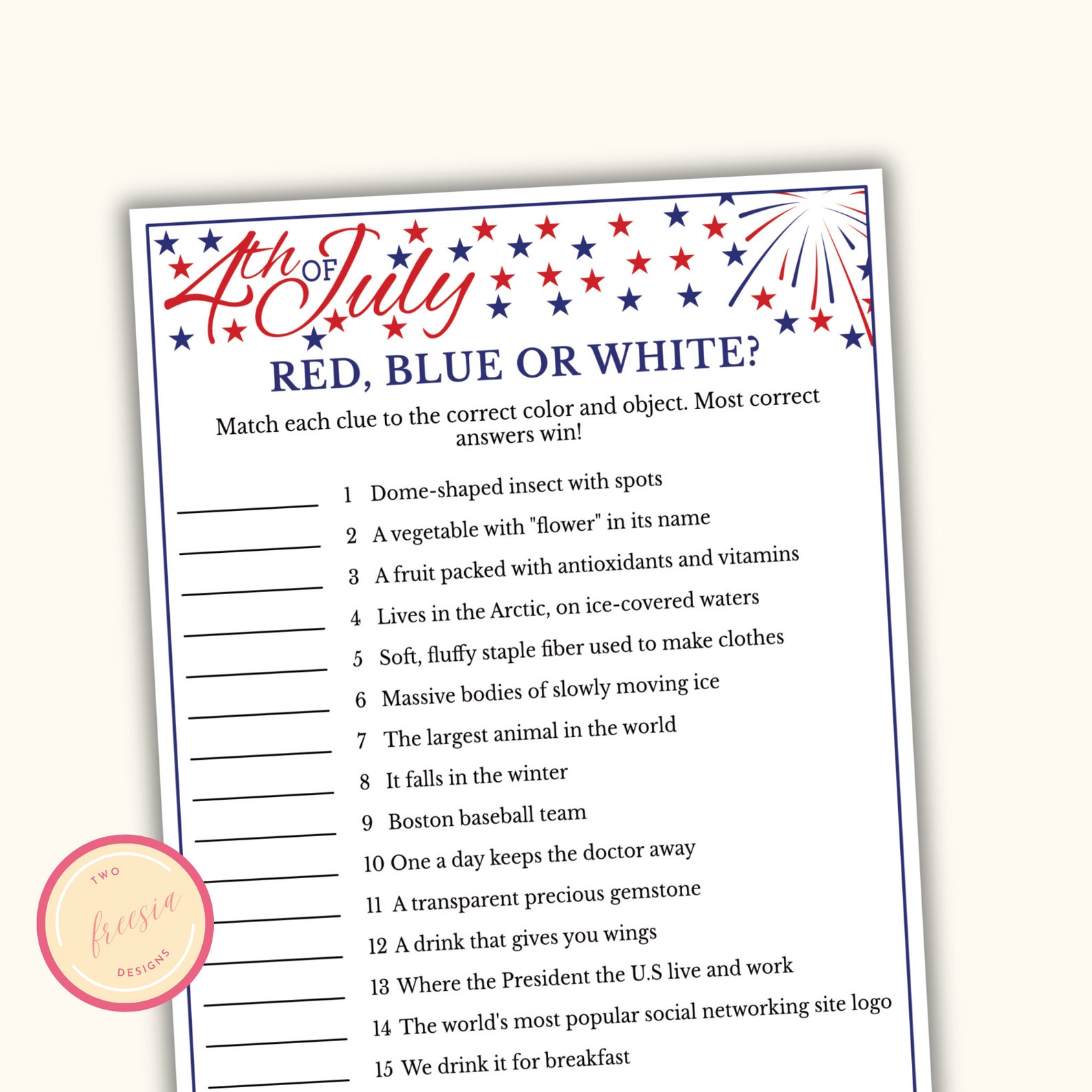 4thof July - Blue, Red or White Game - Printable Fourth of July Game ...